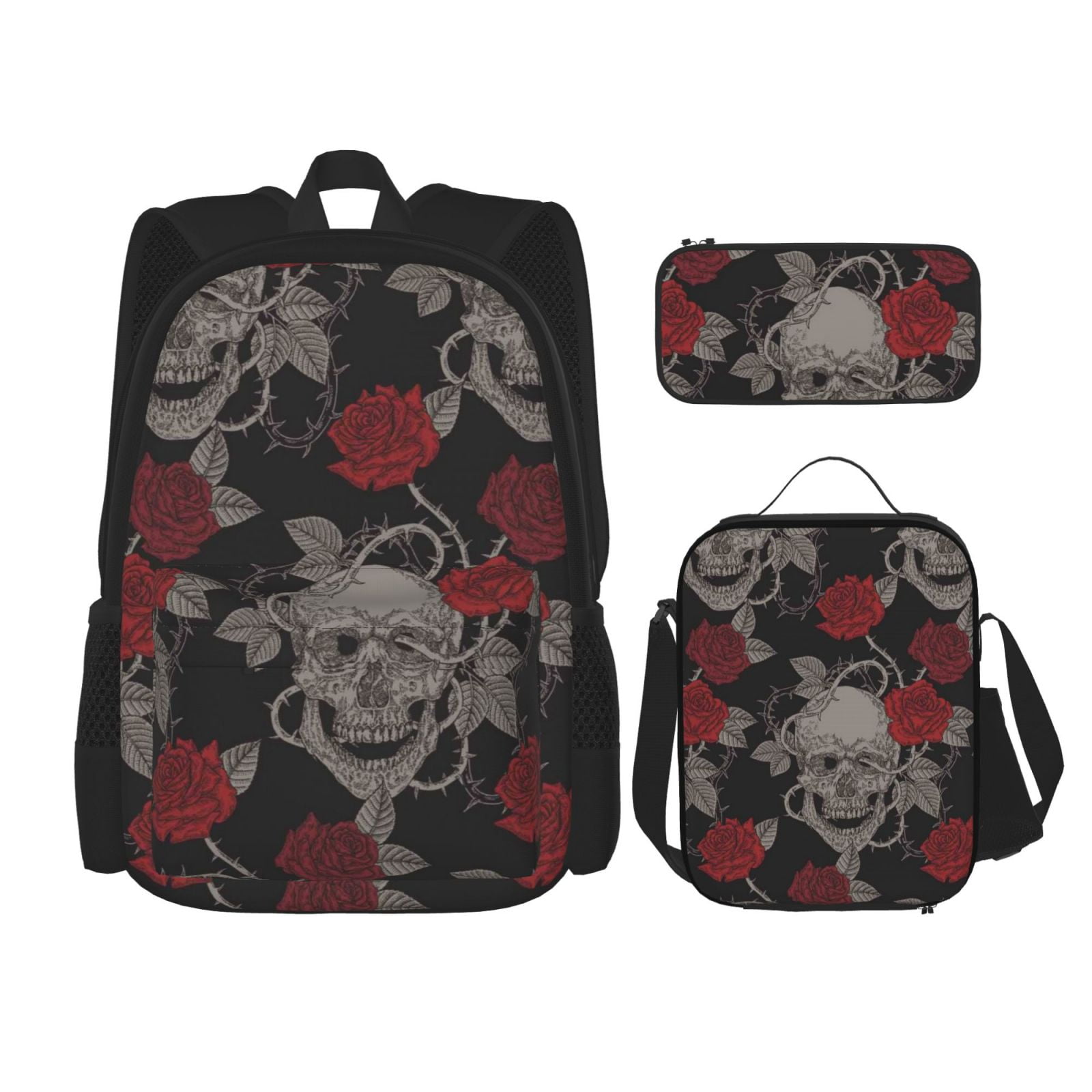 Coaee Skull and Red Roses Casual Lightweight Backpack with Lunch Bag ...