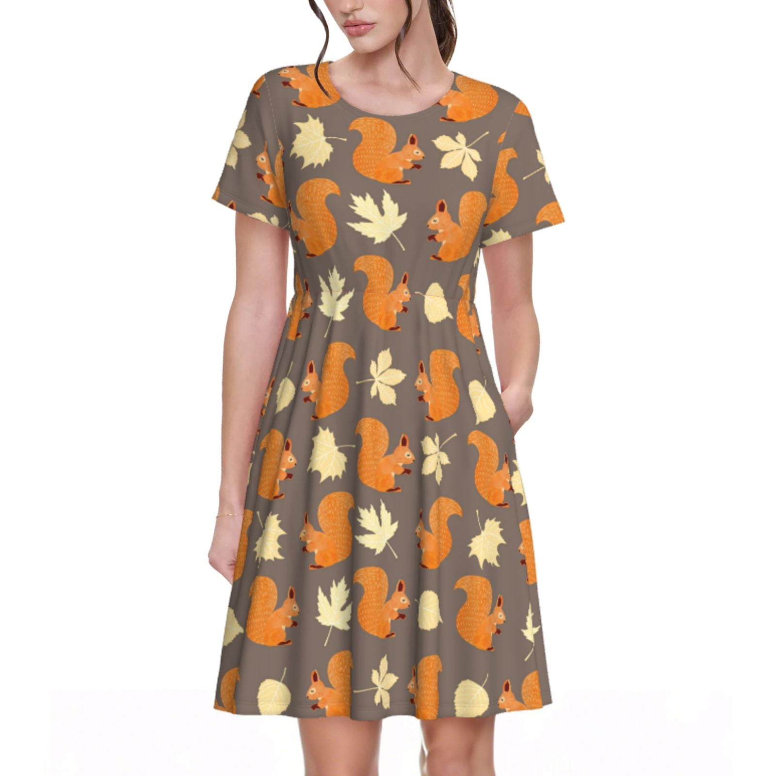 Coaee Squirrel And Maple Leaves for Casual Dress for Women Short Sleeve ...