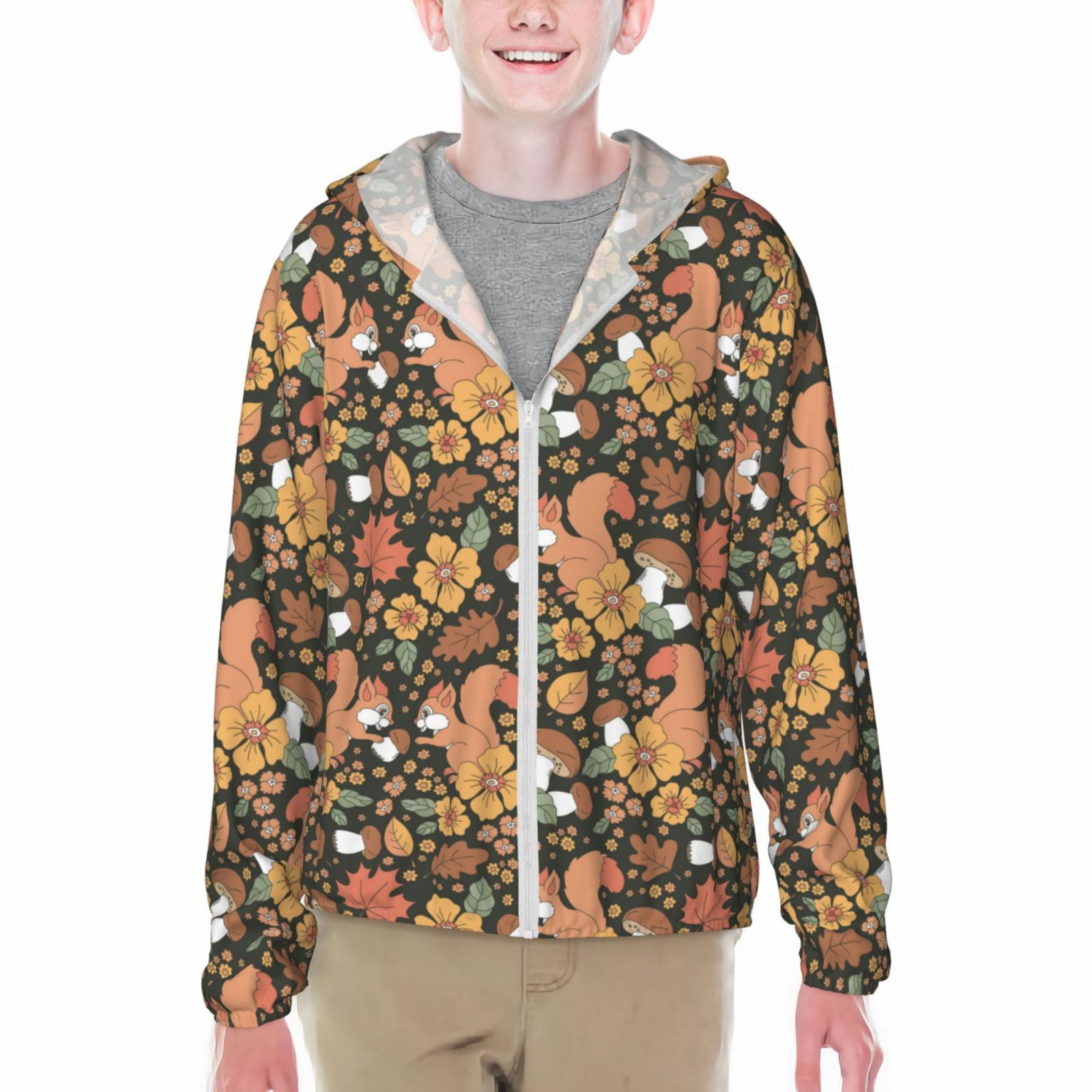 Coaee Squirrel Mushroom Yellow Flower Print Teen's UPF 50+ Sun Protection Outdoor Lightweight ...