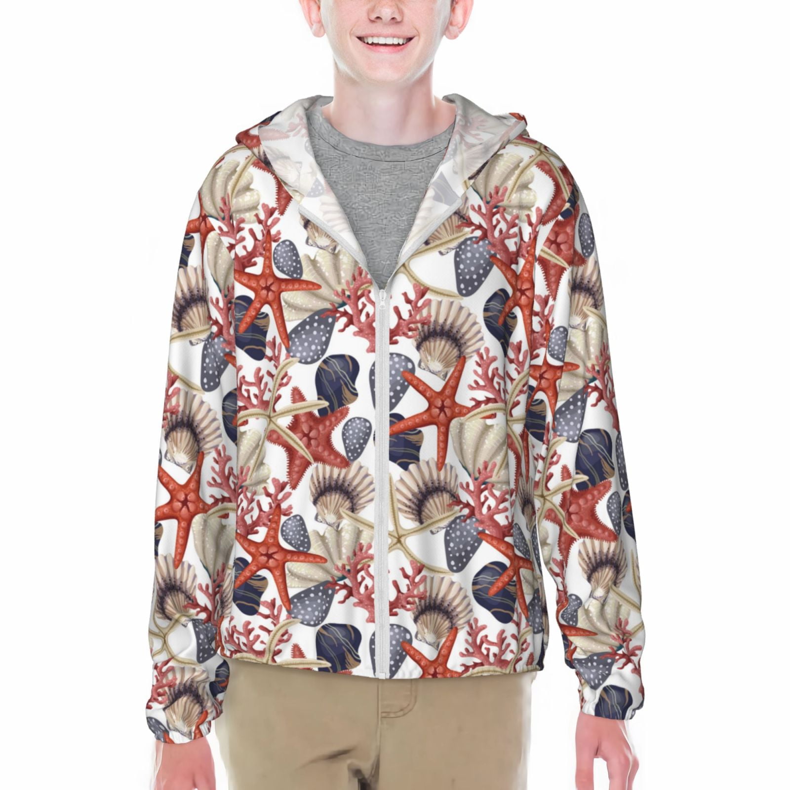 Coaee Starfish Shell Print Teen's UPF 50+ Sun Protection Outdoor Lightweight Full Zip Hoodie ...