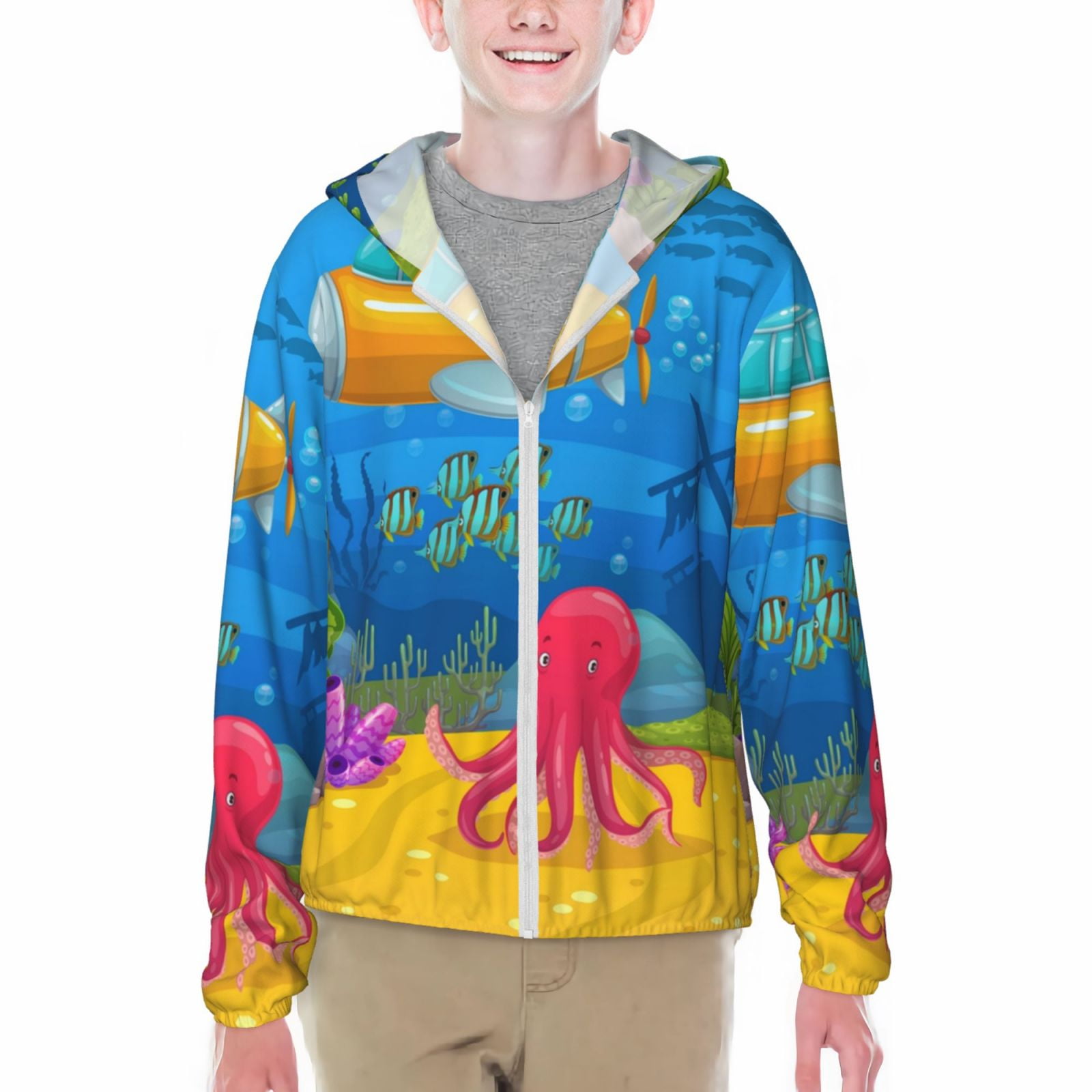 Coaee Submarine And Landscape Print Teen's UPF 50+ Sun Protection Outdoor Lightweight Full Zip ...