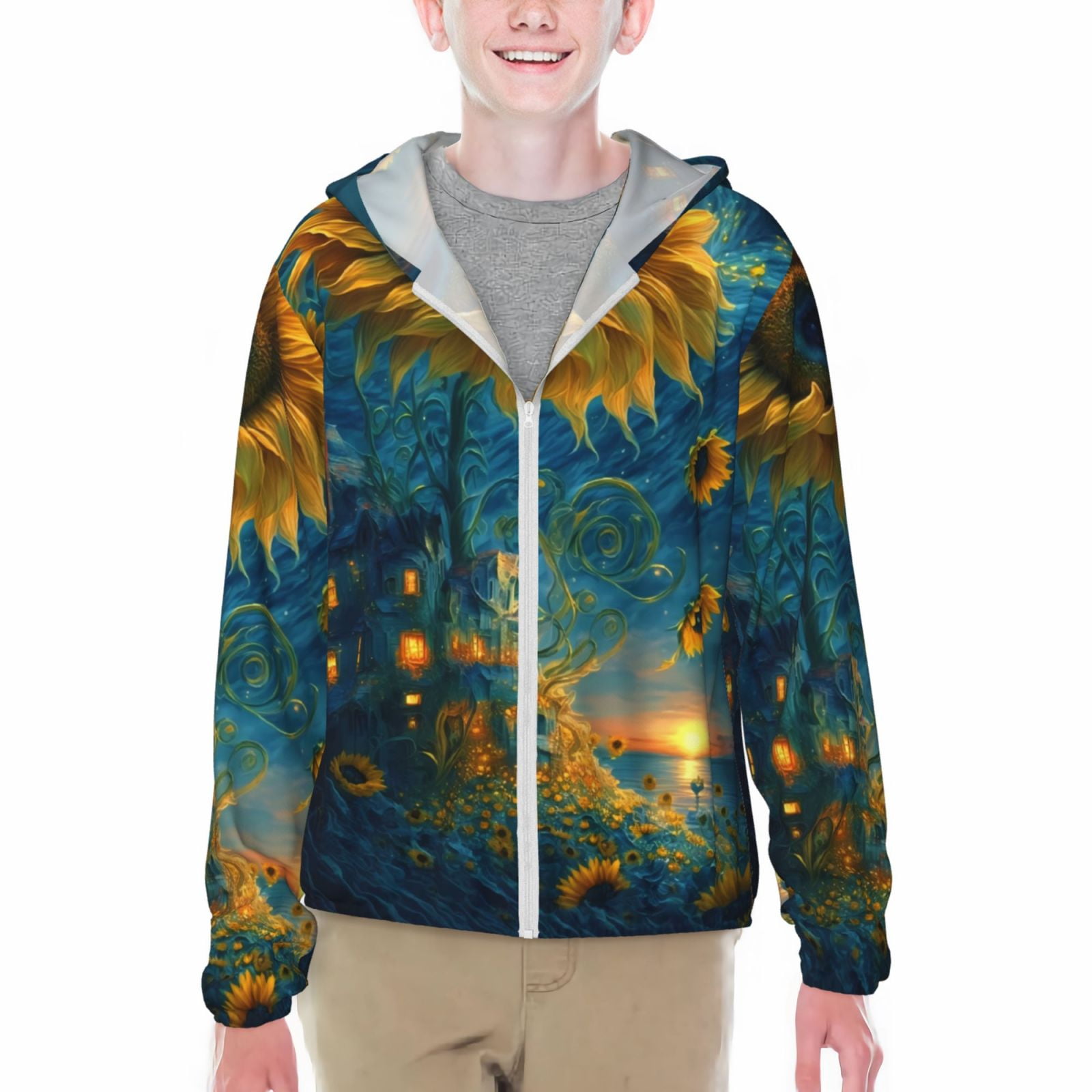 Coaee Sunflower Castle Starry Sky Print Teen's UPF 50+ Sun Protection Outdoor Lightweight Full ...