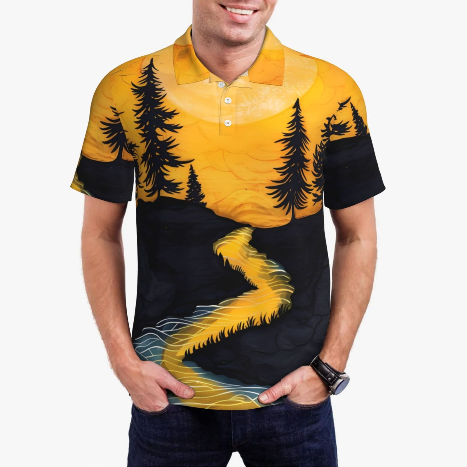 Coaee Sunset River Pine Trees for Men's Polo Shirts Mens Polo Shirts ...
