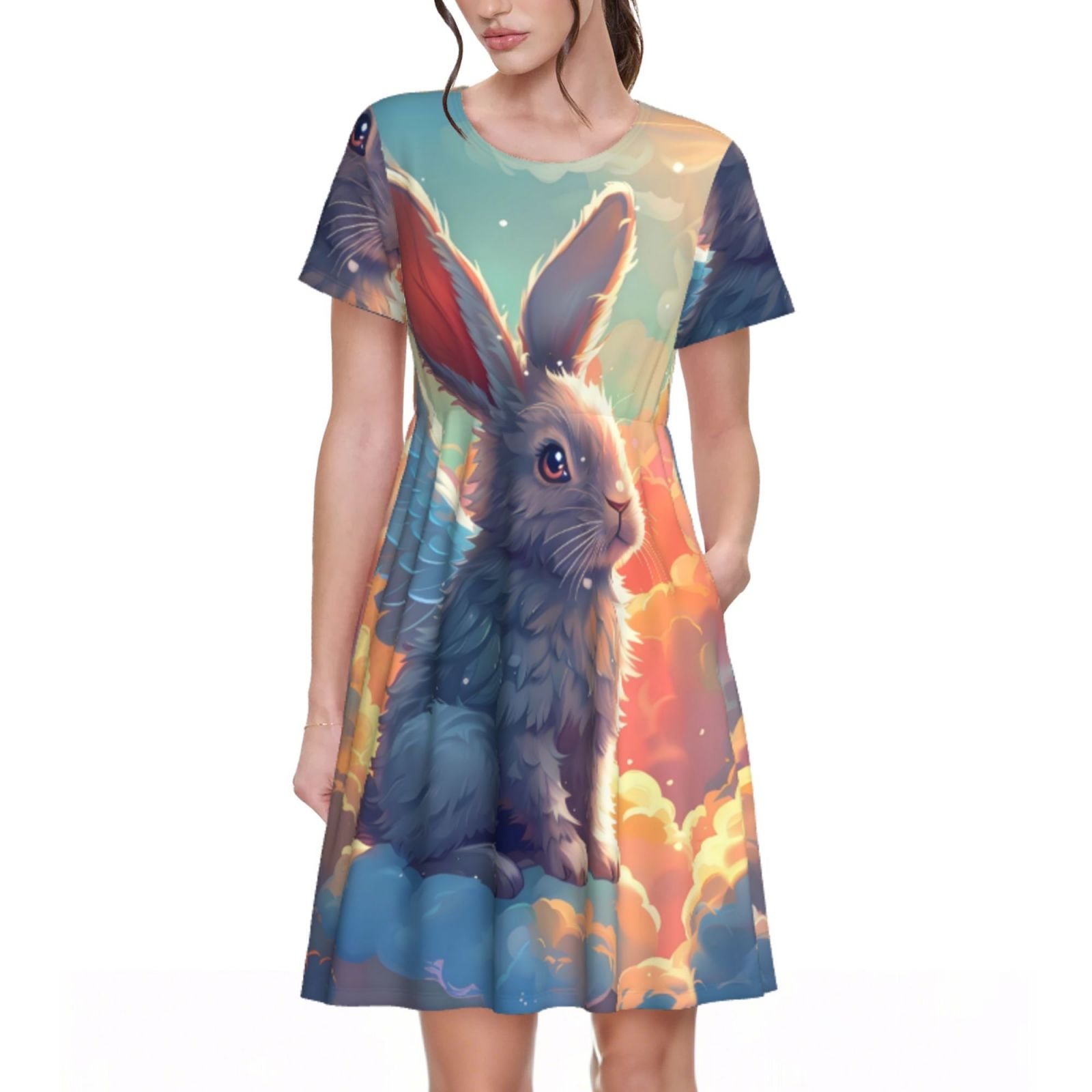 Coaee Sunshine Winged Rabbit for Casual Dress for Women Short Sleeve ...