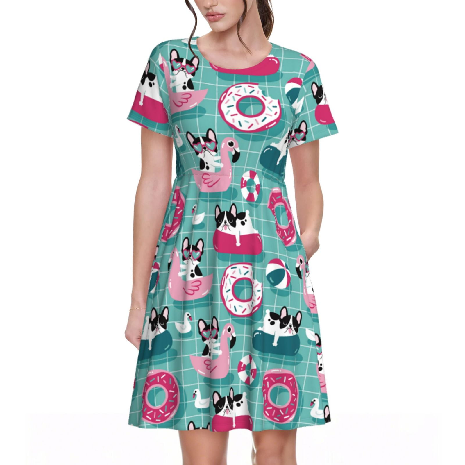 Coaee Swimming Bulldog for Casual Dress for Women Short Sleeve Dresses ...