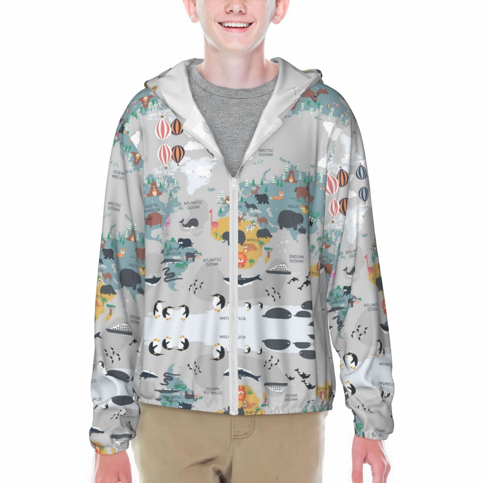 Coaee The World Map with Cartoon Animals Print Teen's UPF 50+ Sun Protection Outdoor Lightweight ...