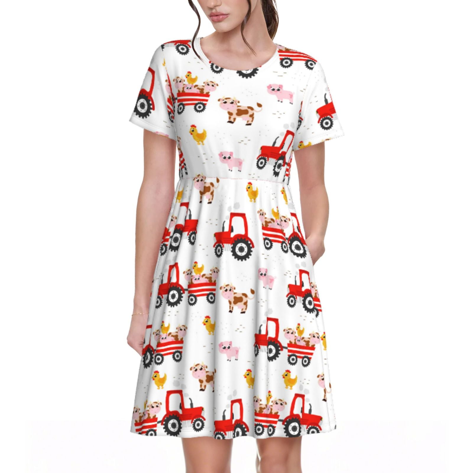Coaee Tractor With Farm Animals for Casual Dress for Women Short Sleeve ...