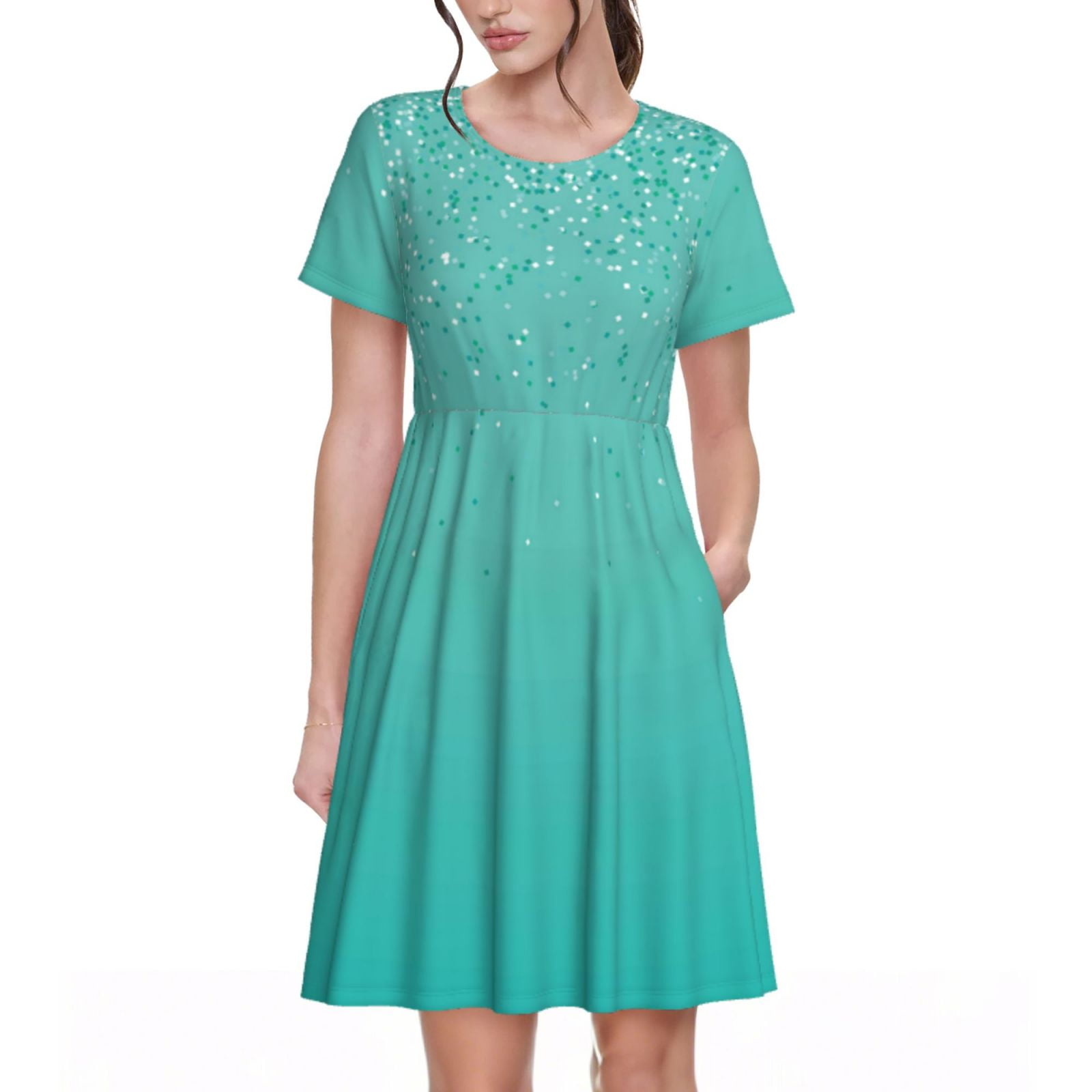 Coaee Turquoise Glitter for Casual Dress for Women Short Sleeve Dresses ...