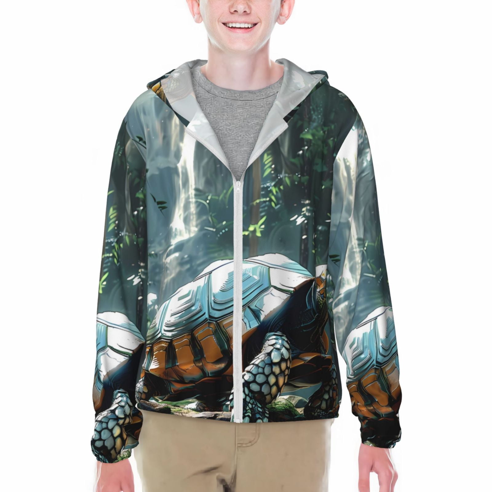 Coaee Turtle In Jungle Waterfall Print Teen's UPF 50+ Sun Protection Outdoor Lightweight Full ...
