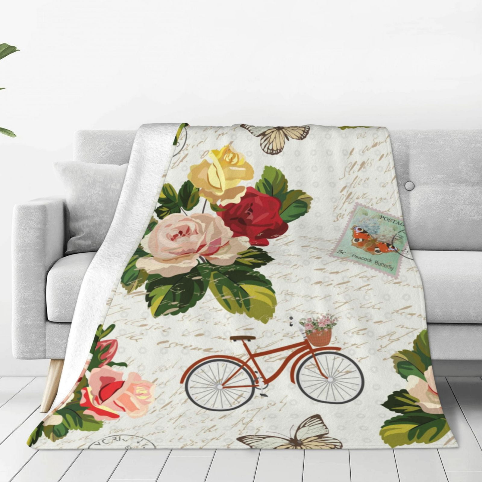 Coaee Vintage Bike Flower Butterfly Ultra-Soft Micro Fleece Blanket&Air Conditioning Blanket&Air ...