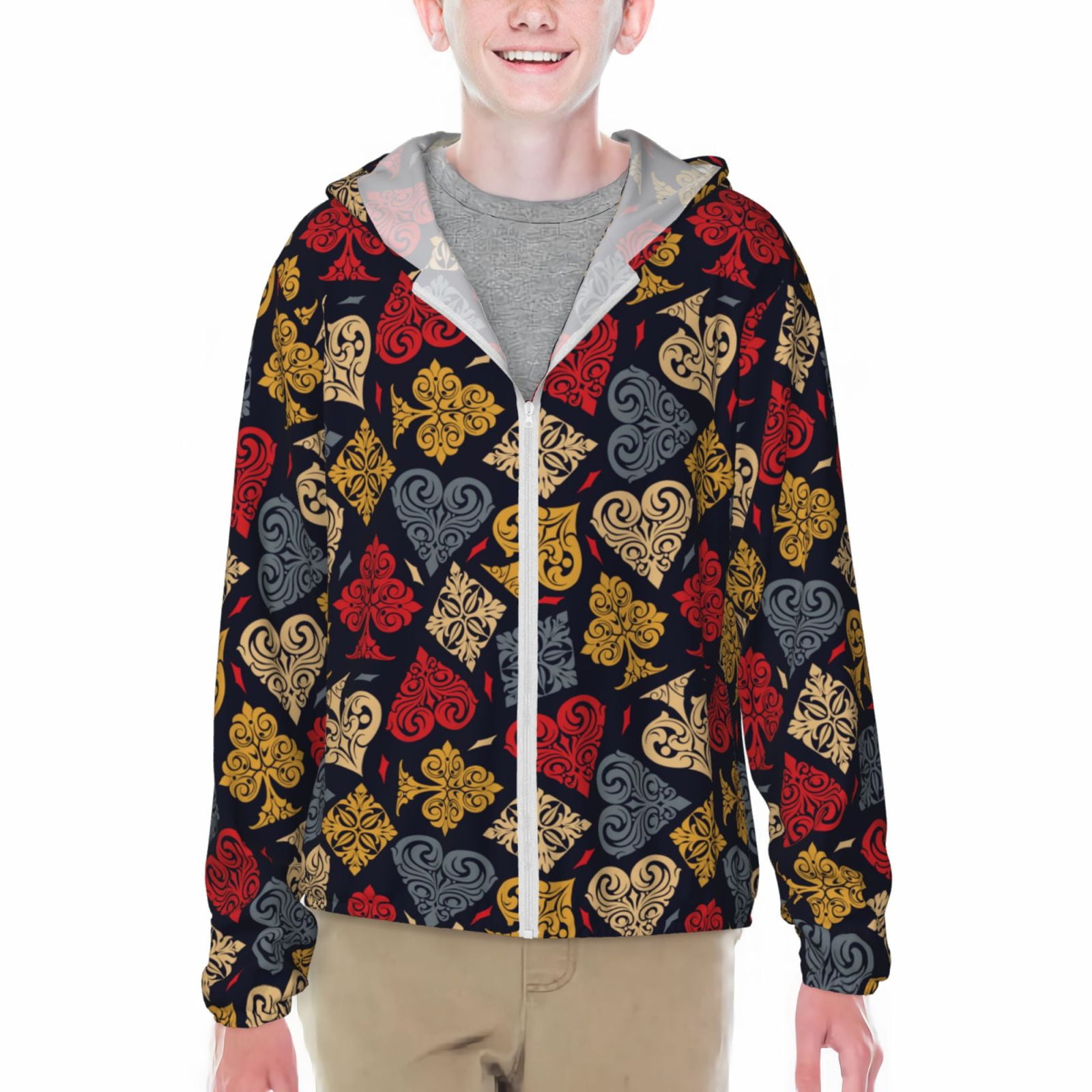 Coaee Vintage Card Print Teen's UPF 50+ Sun Protection Outdoor Lightweight Full Zip Hoodie Long ...