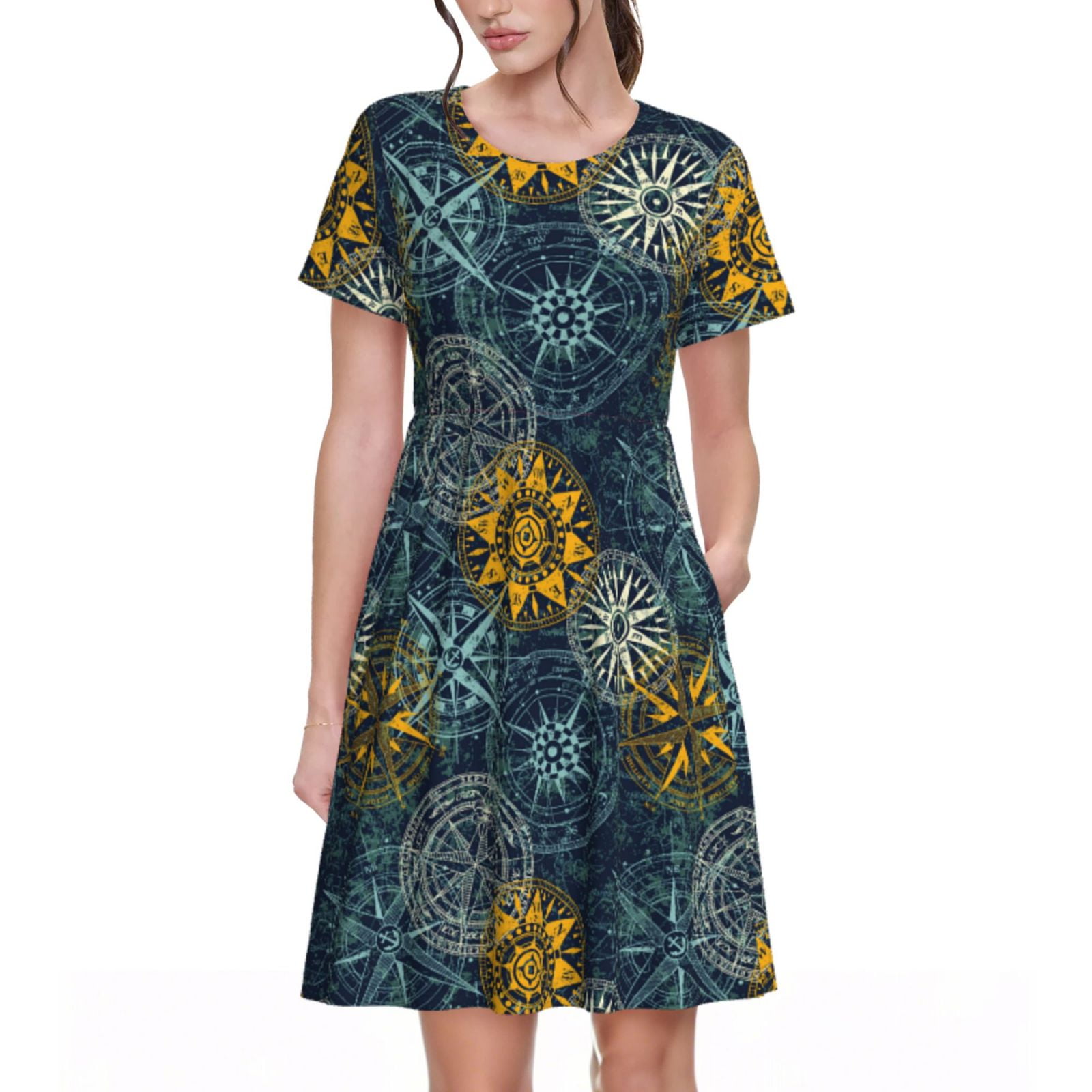 Coaee Vintage Compass for Casual Dress for Women Short Sleeve Dresses ...