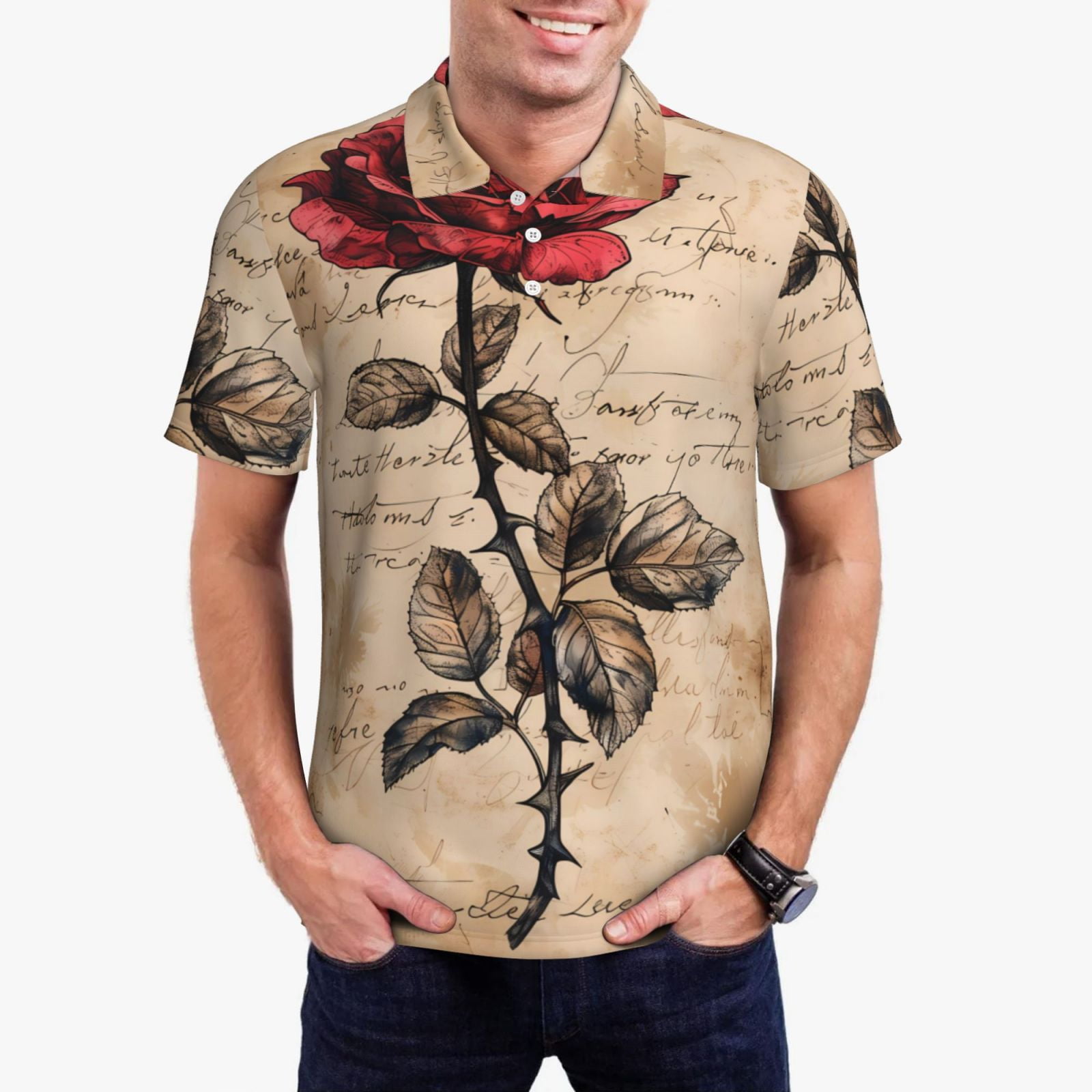 Coaee Vintage Rose Botanical Art for Men's Polo Shirts Mens Polo Shirts ...