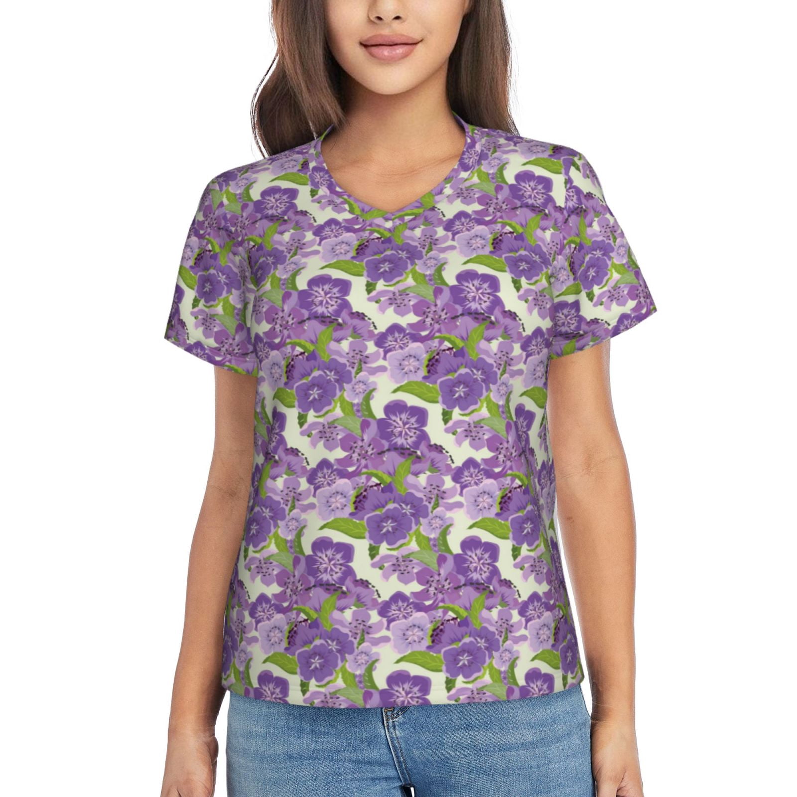 Coaee Violets Flowers for Women's Classic Fit T Shirts Short Sleeve V ...