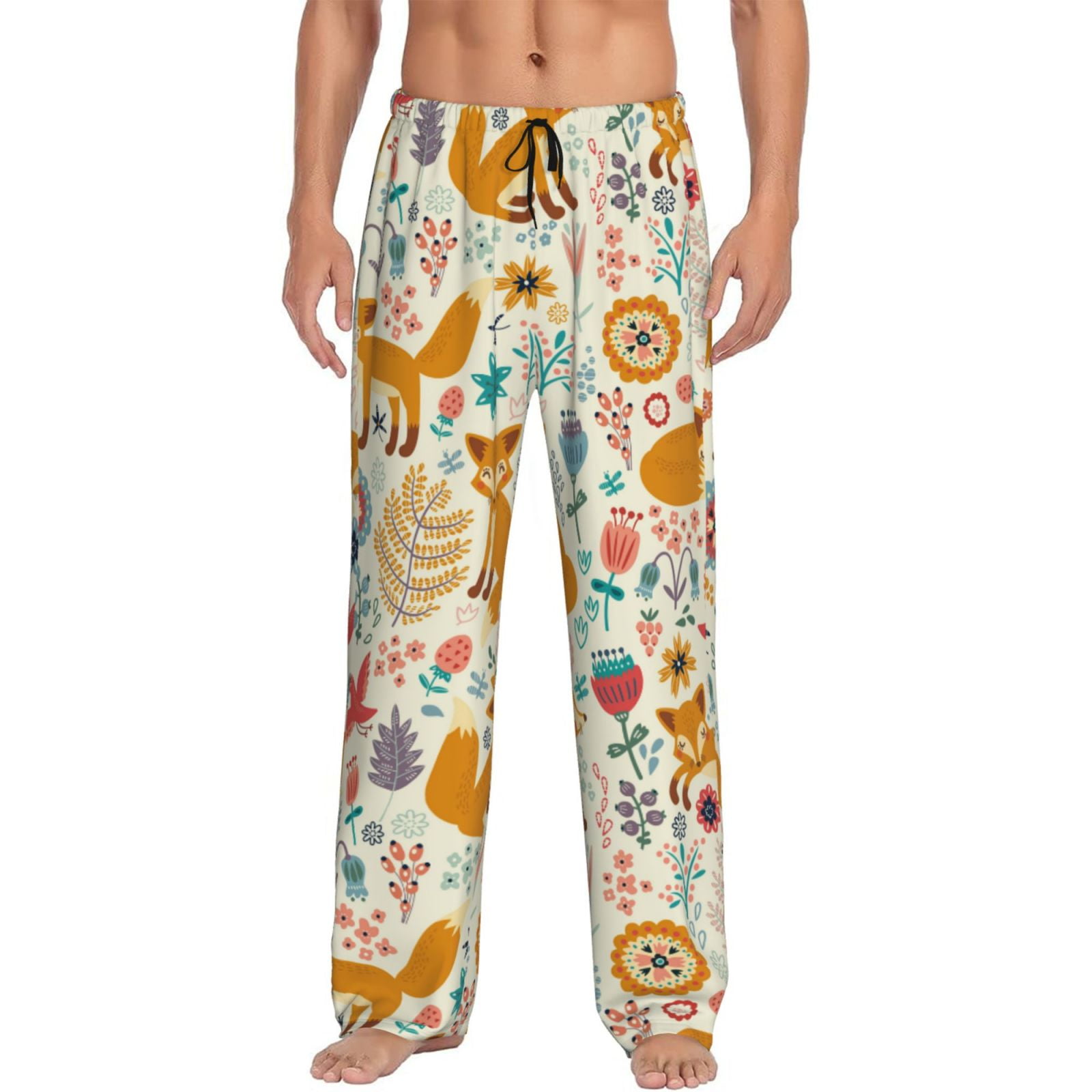 Coaee Whimsical Fox Floral Garden for Men's Pajama Pants, Lightweight Sleep Pants, Elastic Band ...