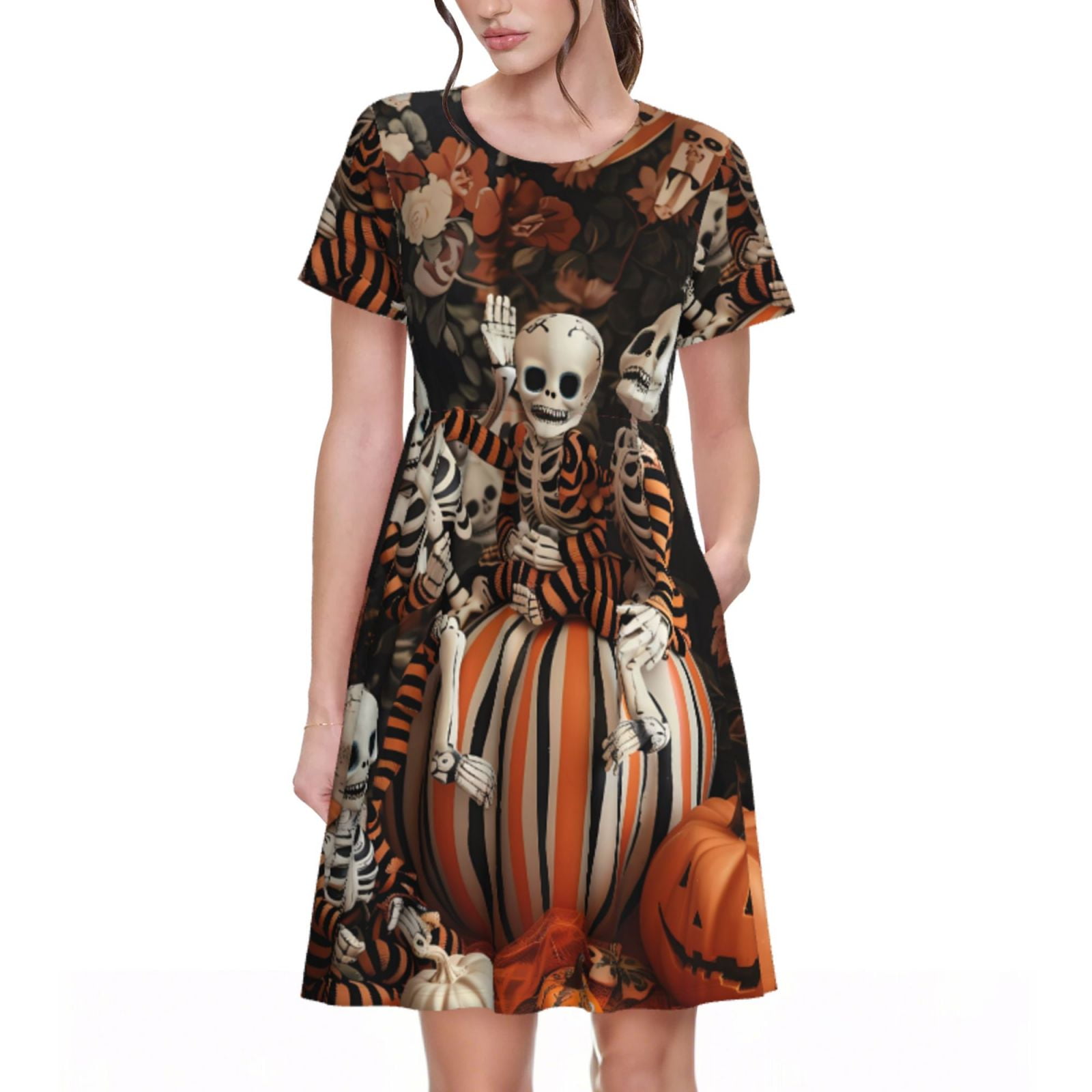 Coaee Whimsical Halloween Skeletons for Casual Dress for Women Short Sleeve Dresses with Pockets ...