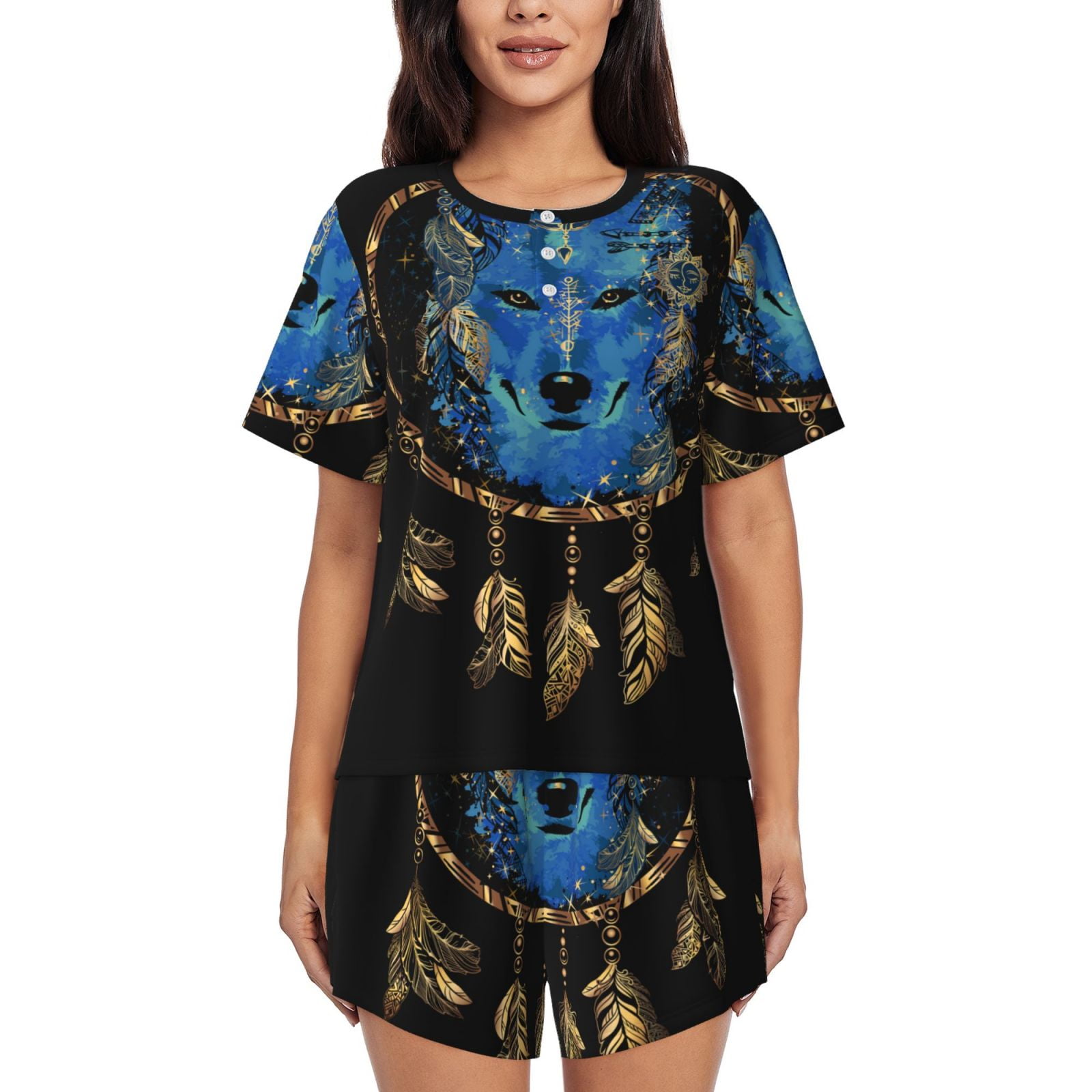 Coaee Wolf Head And Dreamcatcher for Women's 2 Piece Pajama Sets Ladies ...