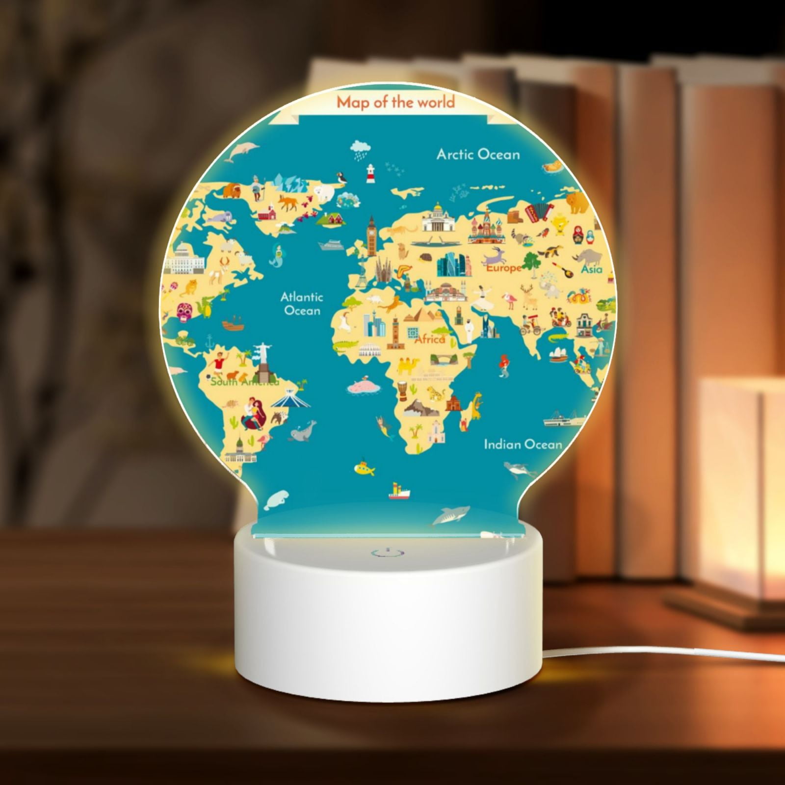 Coaee World Map With Landmarks for Round Acrylic LED Desk Lamp 3 Color ...