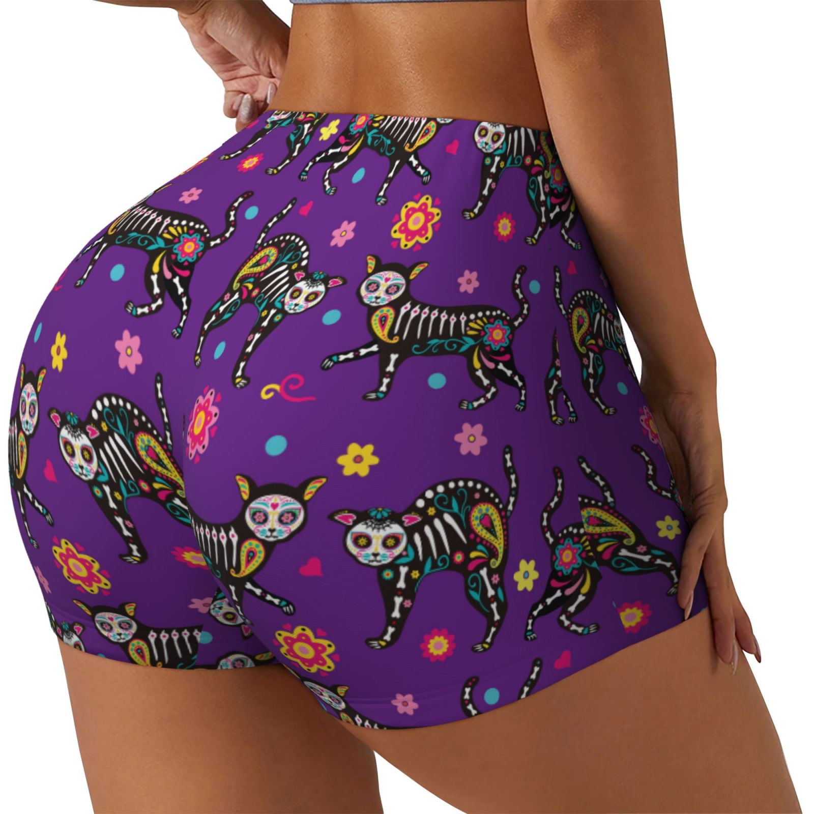 Coaee cat skeletons and flowers for Workout Shorts for Women Seamless Soft Smooth Gym Yoga ...