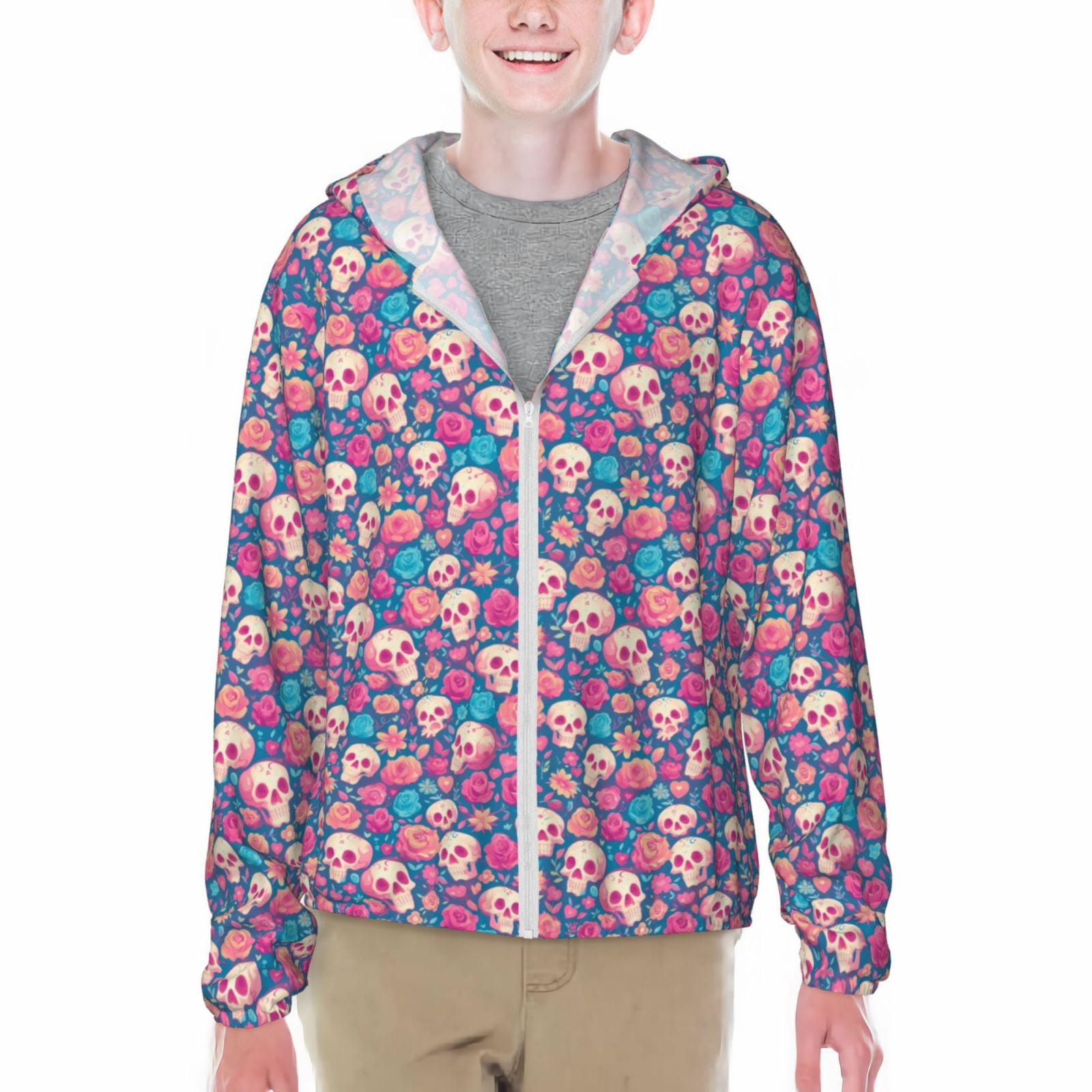 Coaee colorful Skull flower Print Teen's UPF 50+ Sun Protection Outdoor Lightweight Full Zip ...