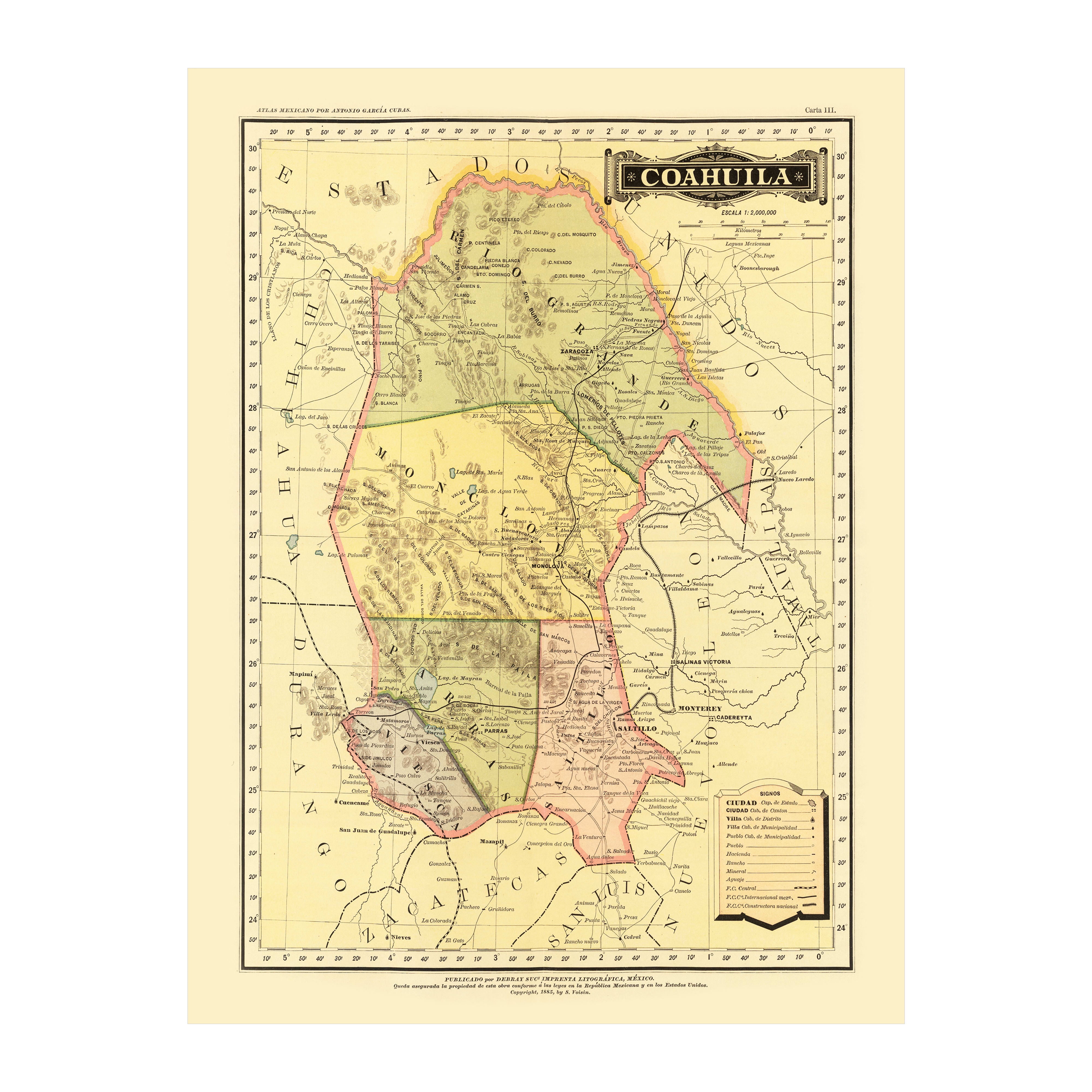 Coahuila Mexico Mexico Art, 1886 Vintage Map of Coahuila Mexico Mexico ...
