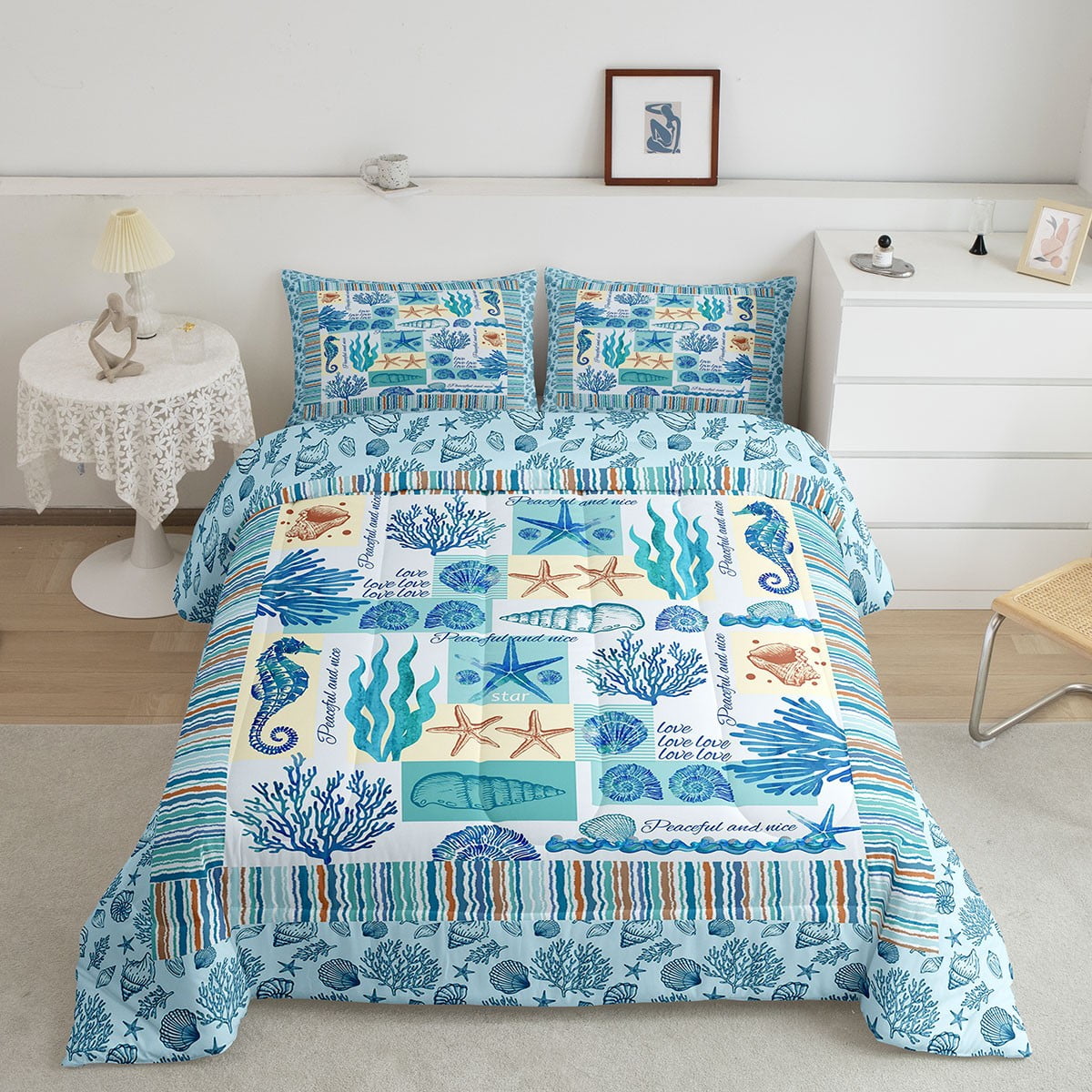 Coast Comforter Set ,Starfish Seahorse Bedding Set Queen,Summer Ocean Coral Sealife Bedding ...