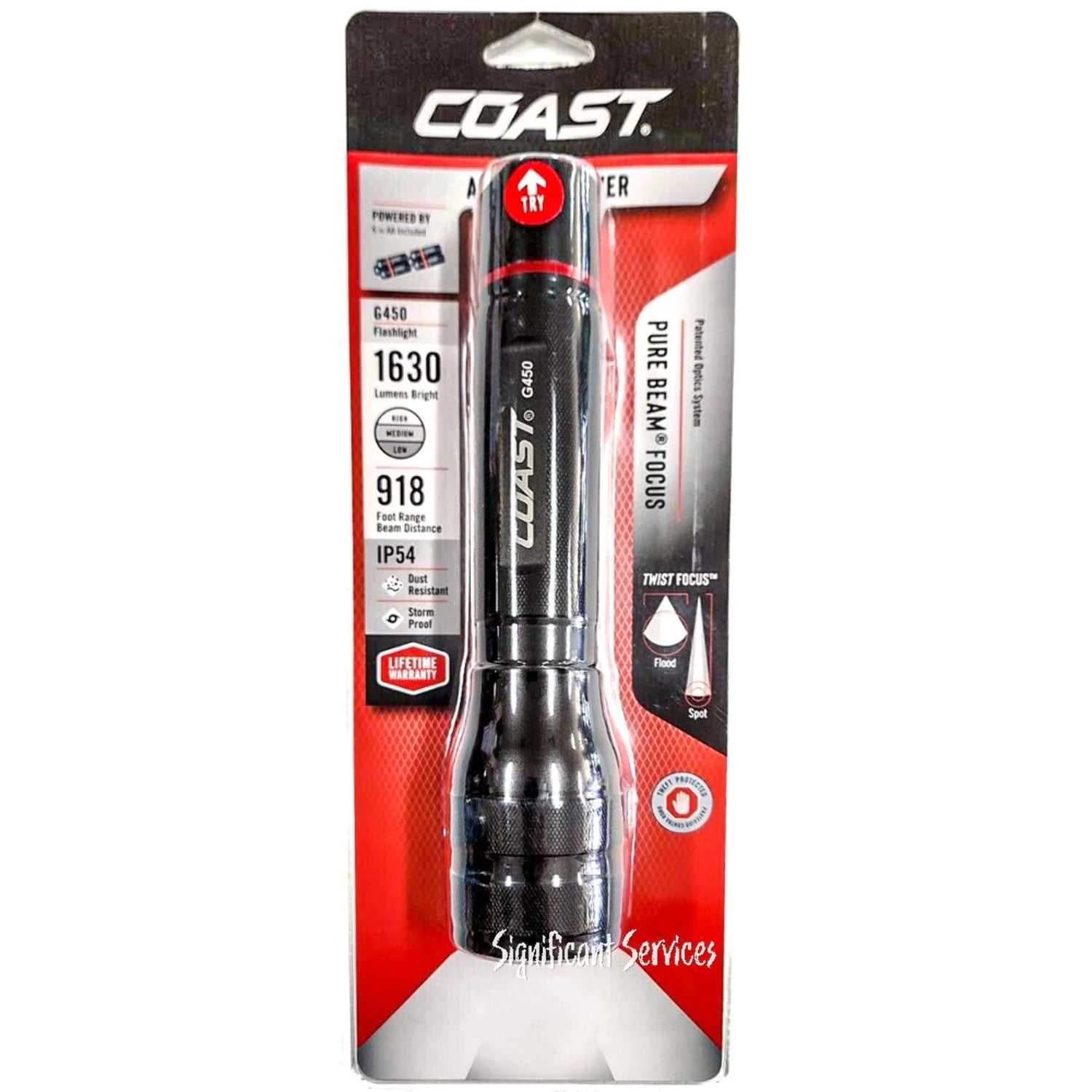 Coast G450 30122 Pure Beam 1630 Lumen Twist Focus Bulls-Eye Spot Beam ...