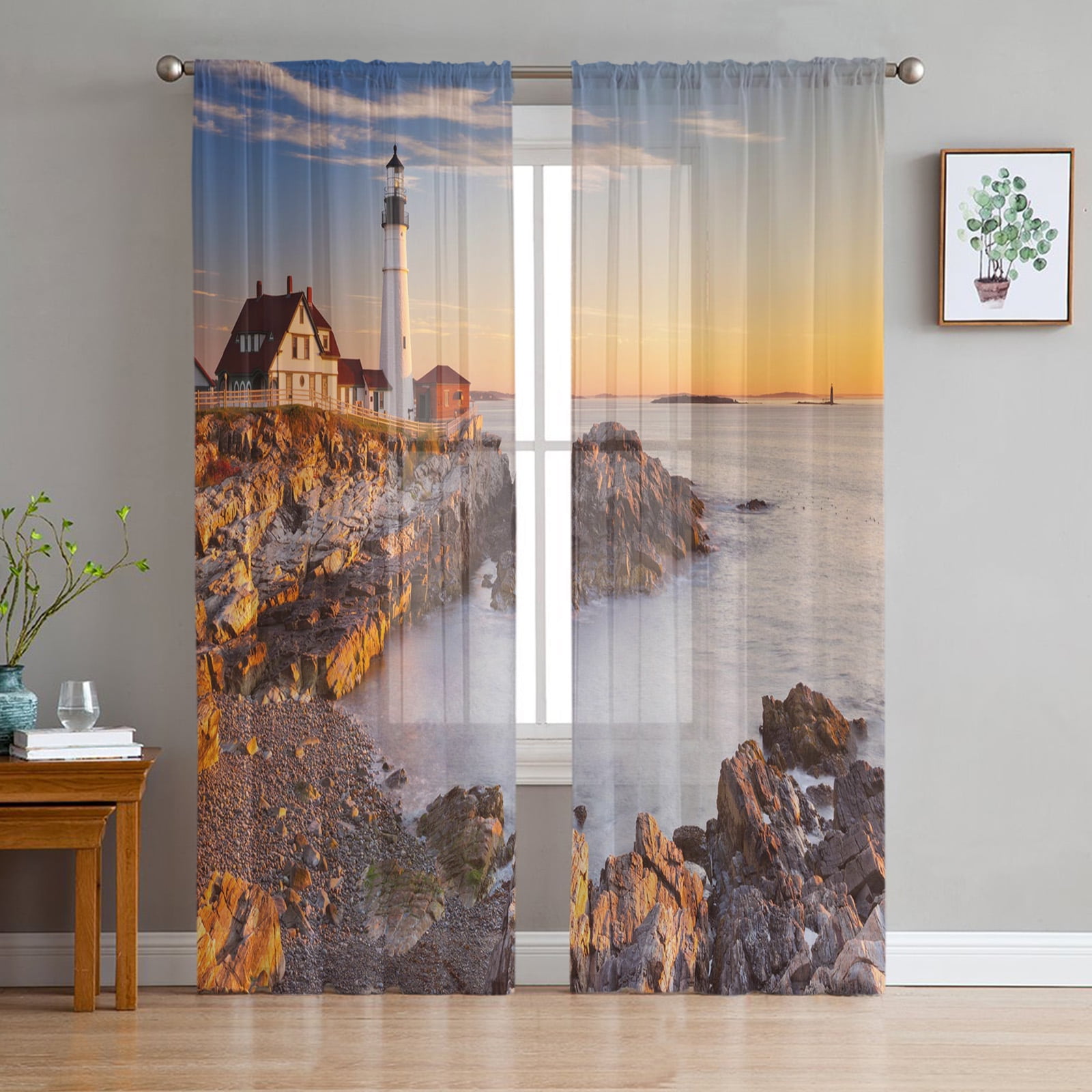 Coast Lighthouse Sunrise Printed Curtains Drape Sheer Tulle Home ration ...