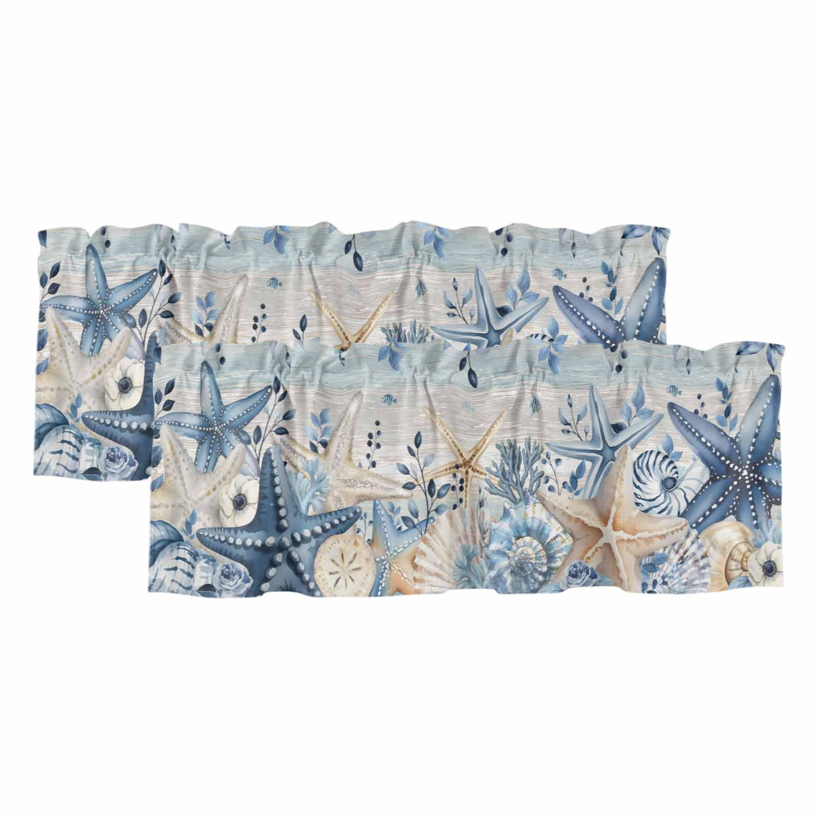 Coastal 2 Panels Kitchen Valance, Ocean Blue Beige Starfish Shells ...