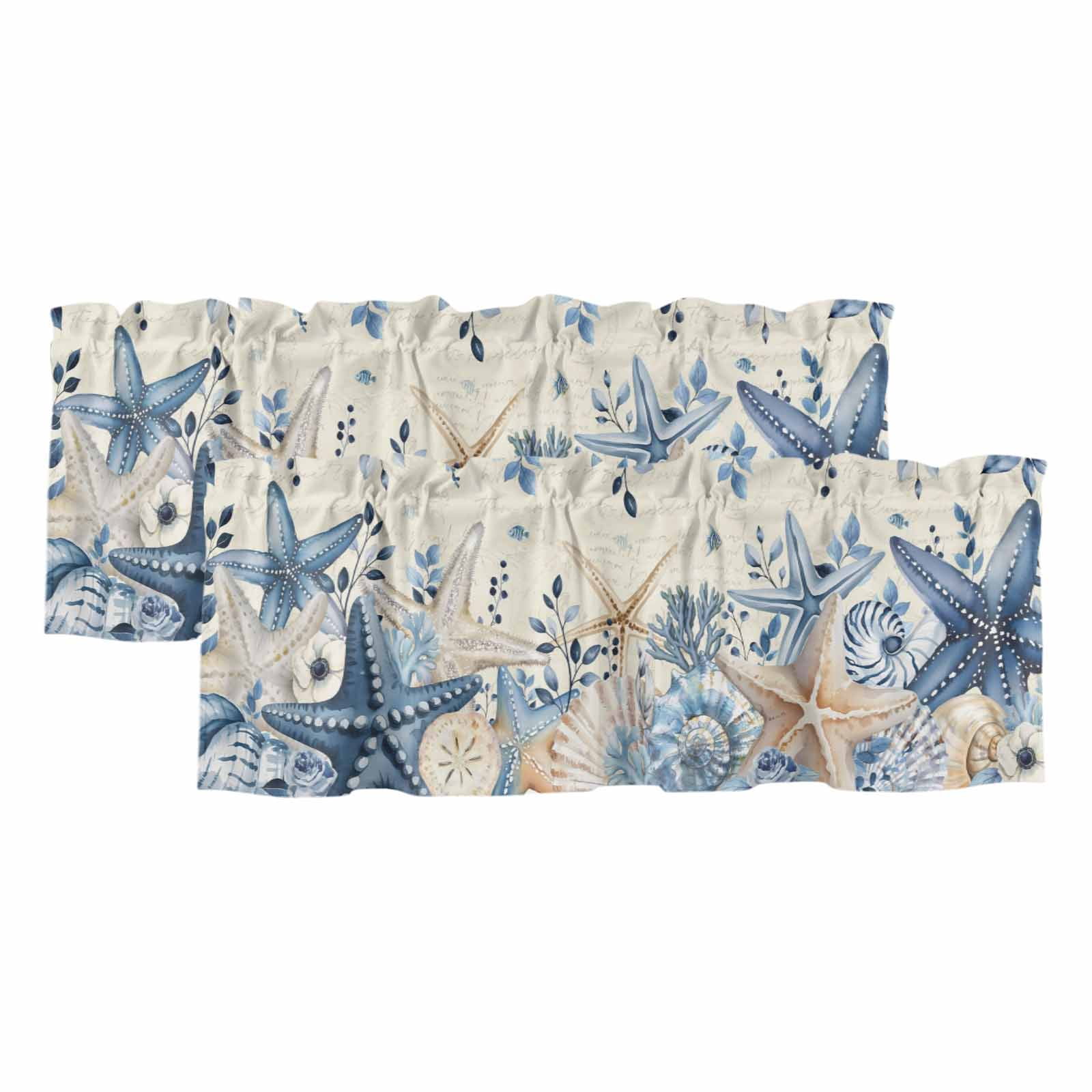 Coastal 2 Panels Kitchen Valance, Ocean Blue Beige Starfish Shells ...
