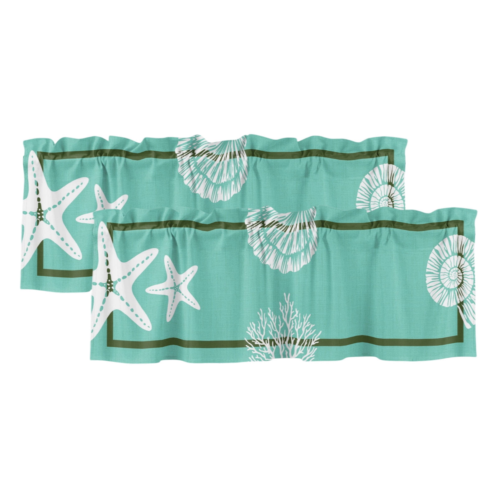 Coastal 2 Panels Kitchen Valance, Starfish Shell Coral Rustic Turquoise ...