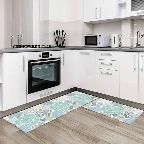 Coastal 2 Pieces Non-Slip Kitchen Mat Set Blue Starfish Teal Green ...