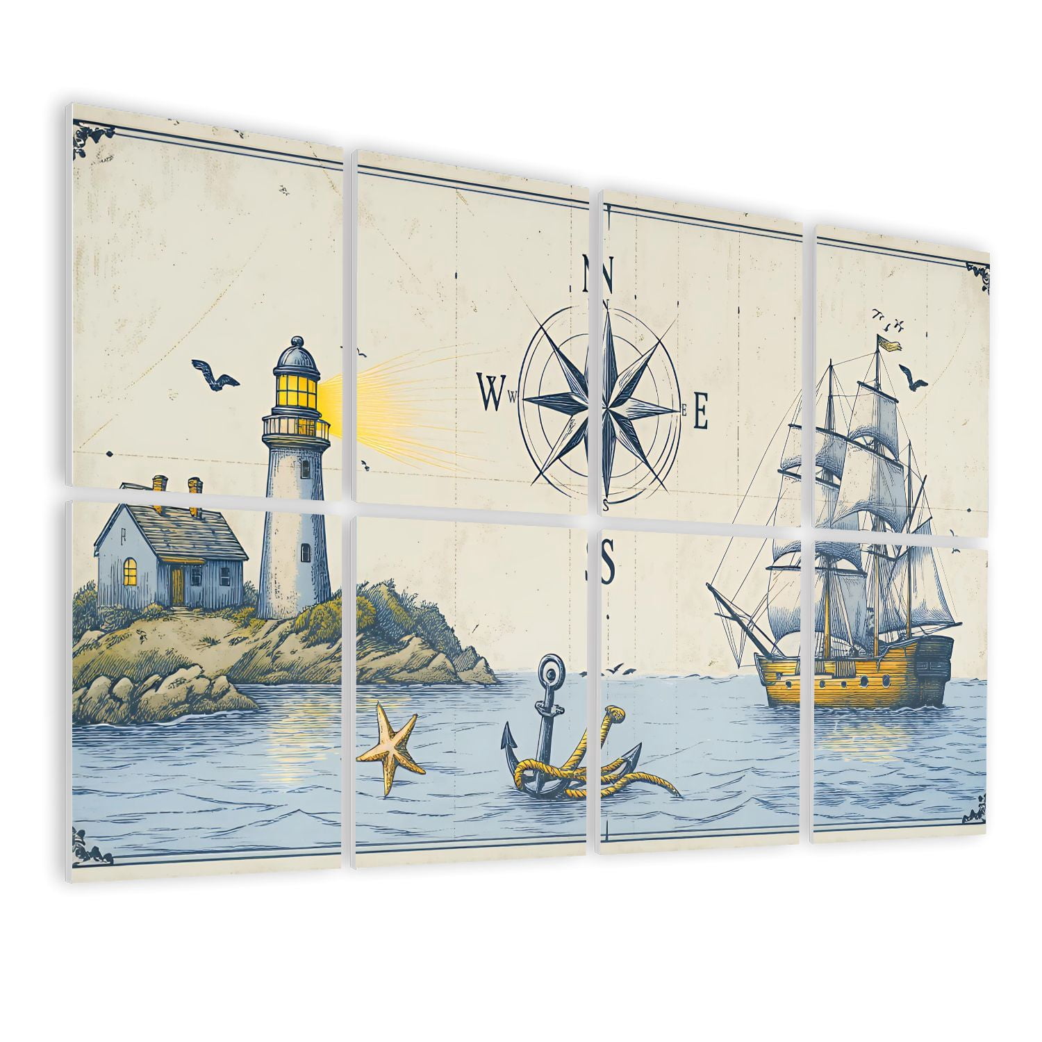 Coastal 8 Pack Art Acoustic Panels Sound Absorbing Retro Compass Sail ...