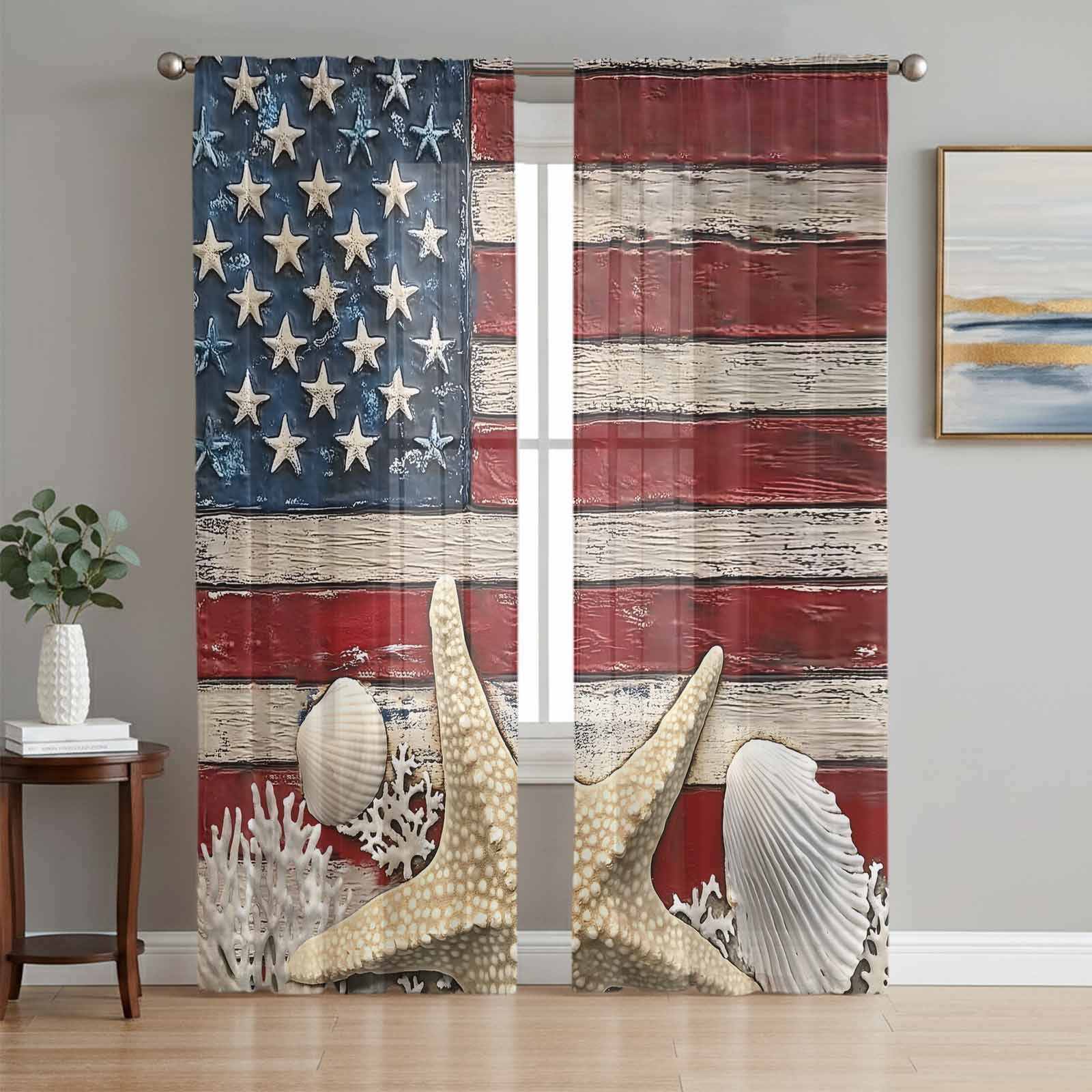 Coastal American Flag Semi Sheer Curtains 108 Inch Length 2 Panels Set ...