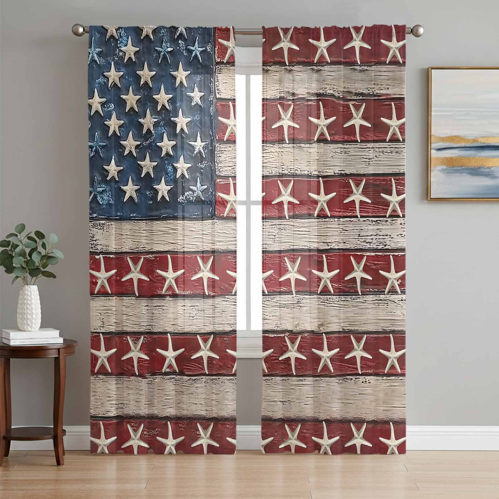 Coastal American Flag Sheer Curtains 63 Inch Length 2 Panels Set ...