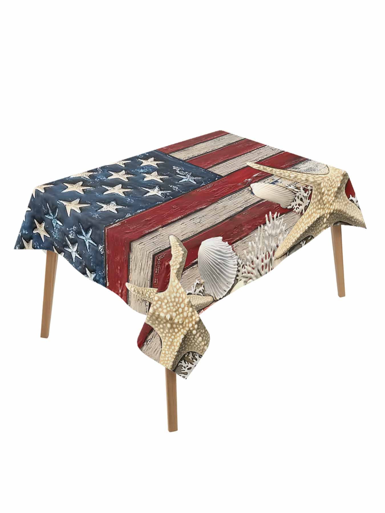 Coastal American Flag Table Cloth, Starfish Shell Vintage Waterproof ...