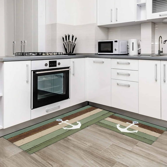 Coastal Anchor 2 Pieces Non-Slip Kitchen Mat Set Sage Green Brown Retro ...