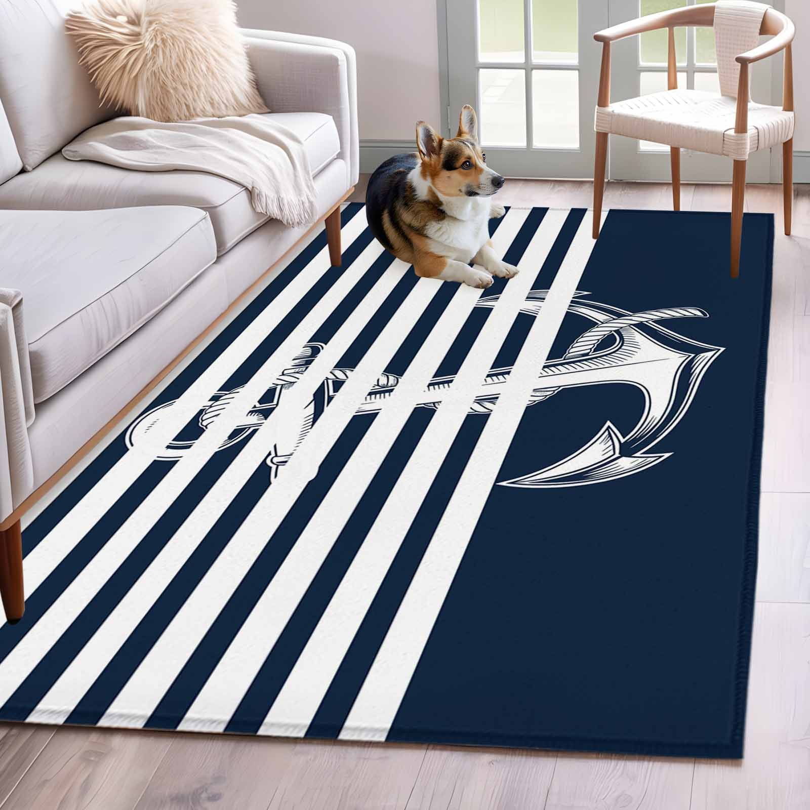 Coastal Anchor Area Rugs 4x6 ft Seafaring Navy Blue Nautical Anchorage ...