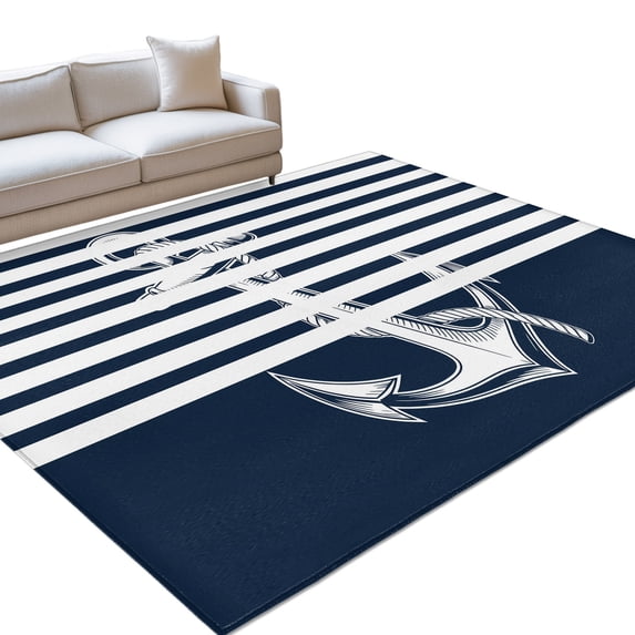 Coastal Anchor Area Rugs 4x6ft Seafaring Navy Blue Nautical Anchorage ...
