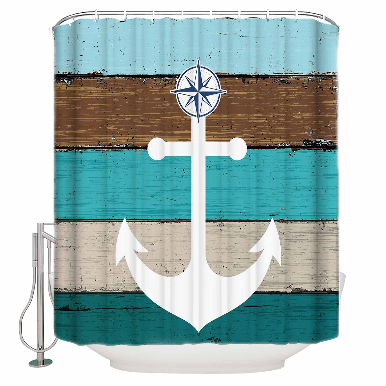 Coastal Anchor Bathroom Shower Curtains with 12 Hooks Polyester ...
