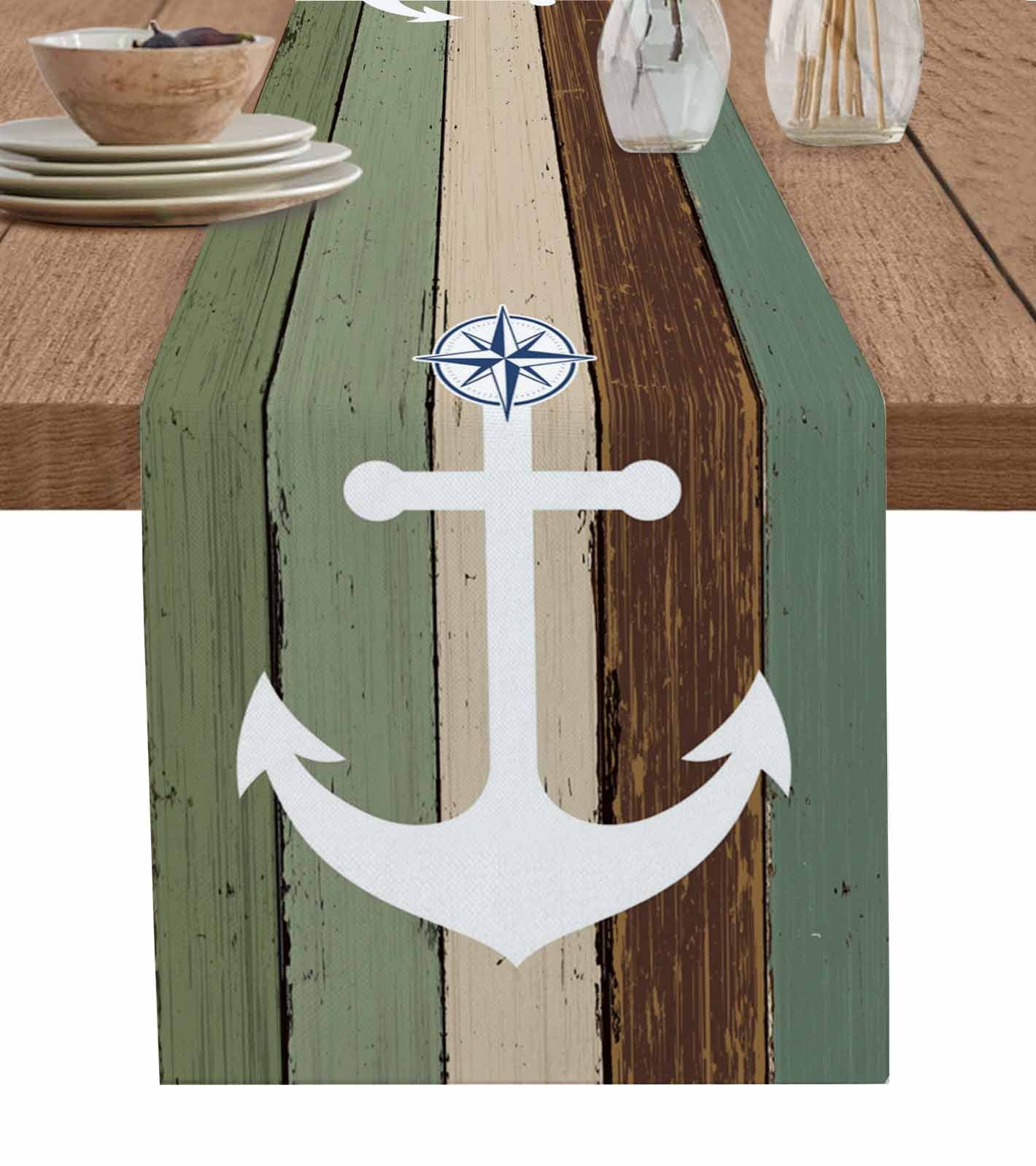 Coastal Anchor Burlap Cotton Table Runner 13x108 Inches Long, Sage ...