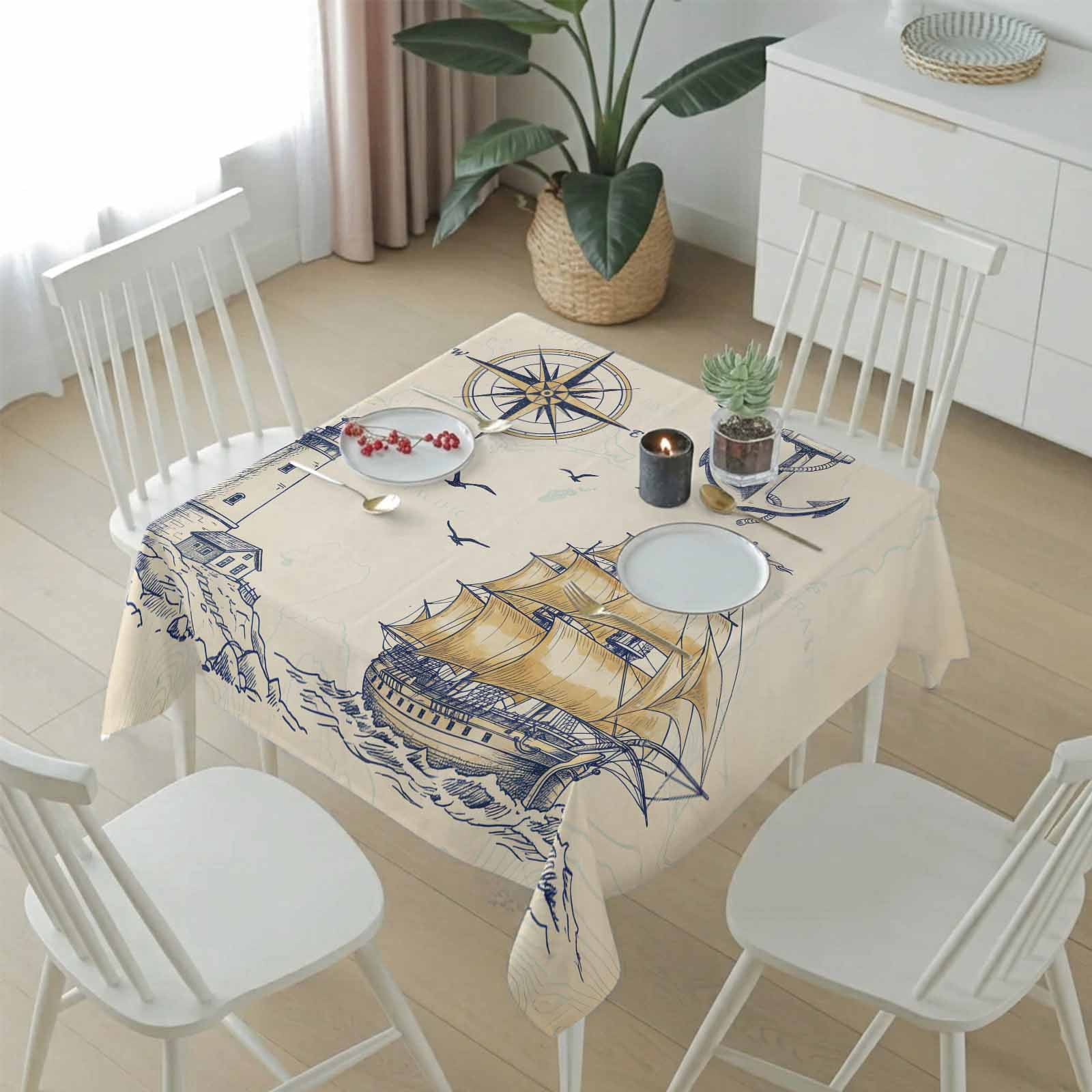 Coastal Anchor Compass Sailboat Table Cloth 54x54in, Waterproof Square ...
