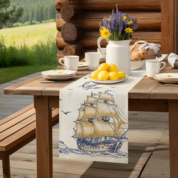 Coastal Anchor Compass Sailboat Table Runner 13x72in Non-Slip Cotton ...