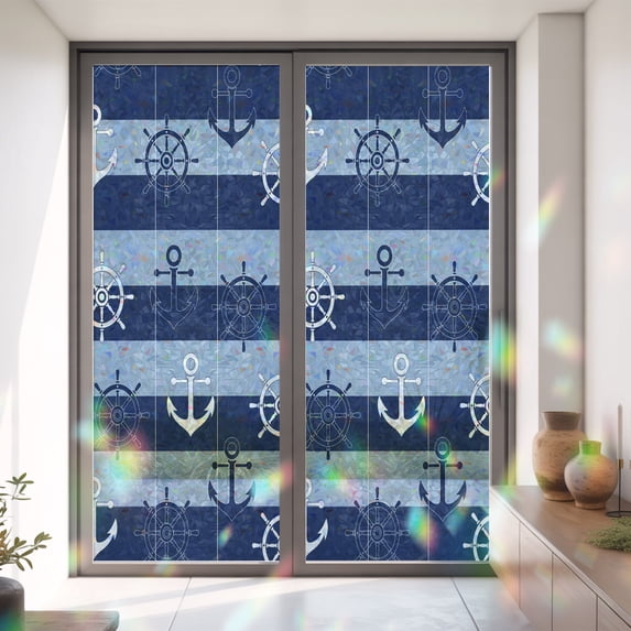 Coastal Anchor Compass Window Privacy Film, Rainbow Film Decorative ...