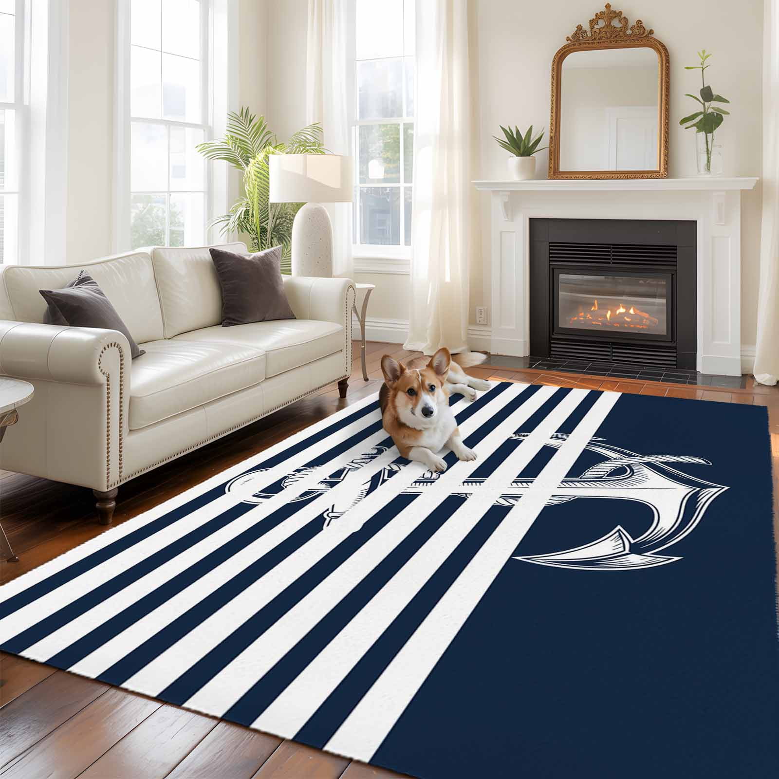 Coastal Anchor Large Area Rugs 5x8 ft Seafaring Navy Blue Nautical ...