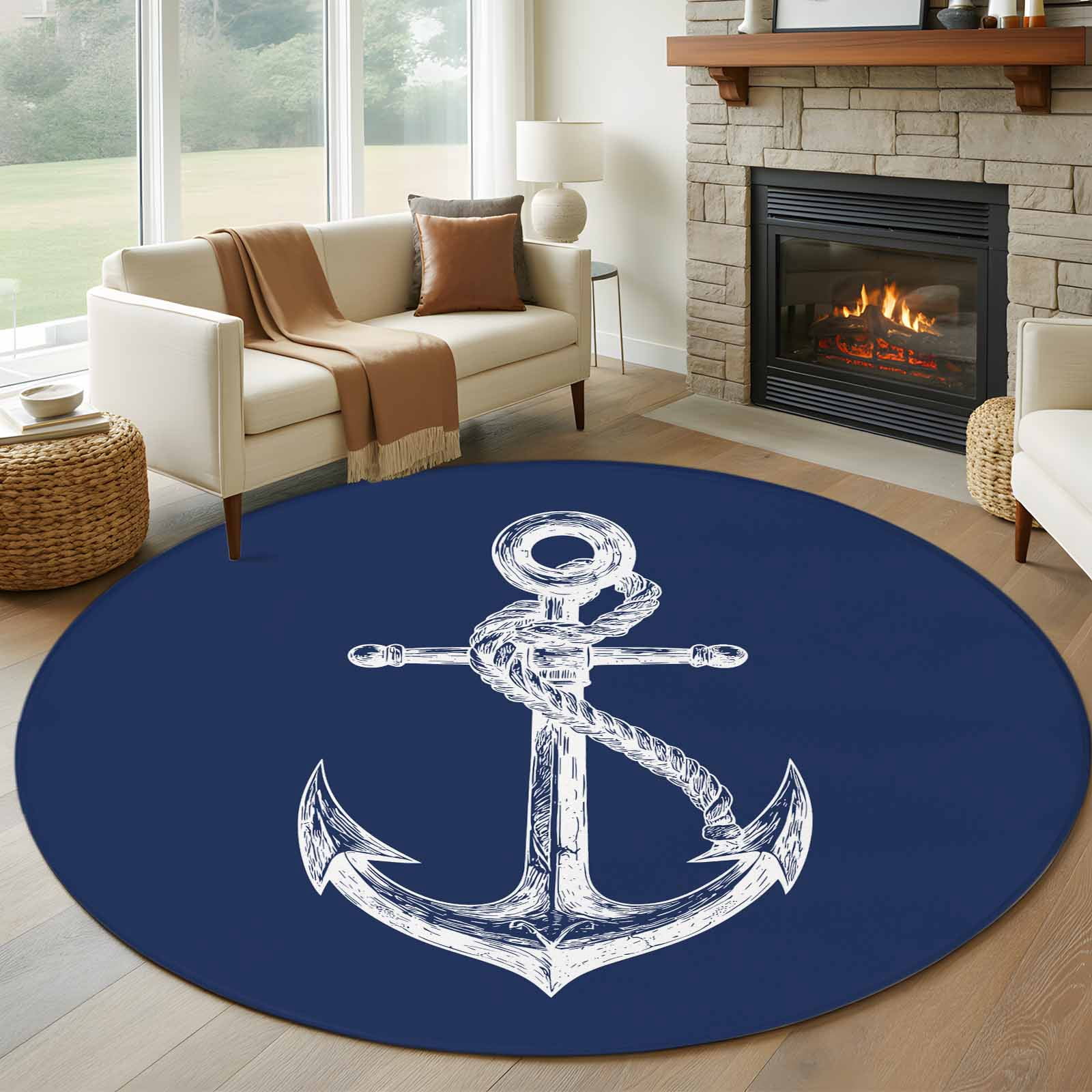 Coastal Anchor Round Rugs for Living Room 5ft Nautical Knot Navy Blue ...