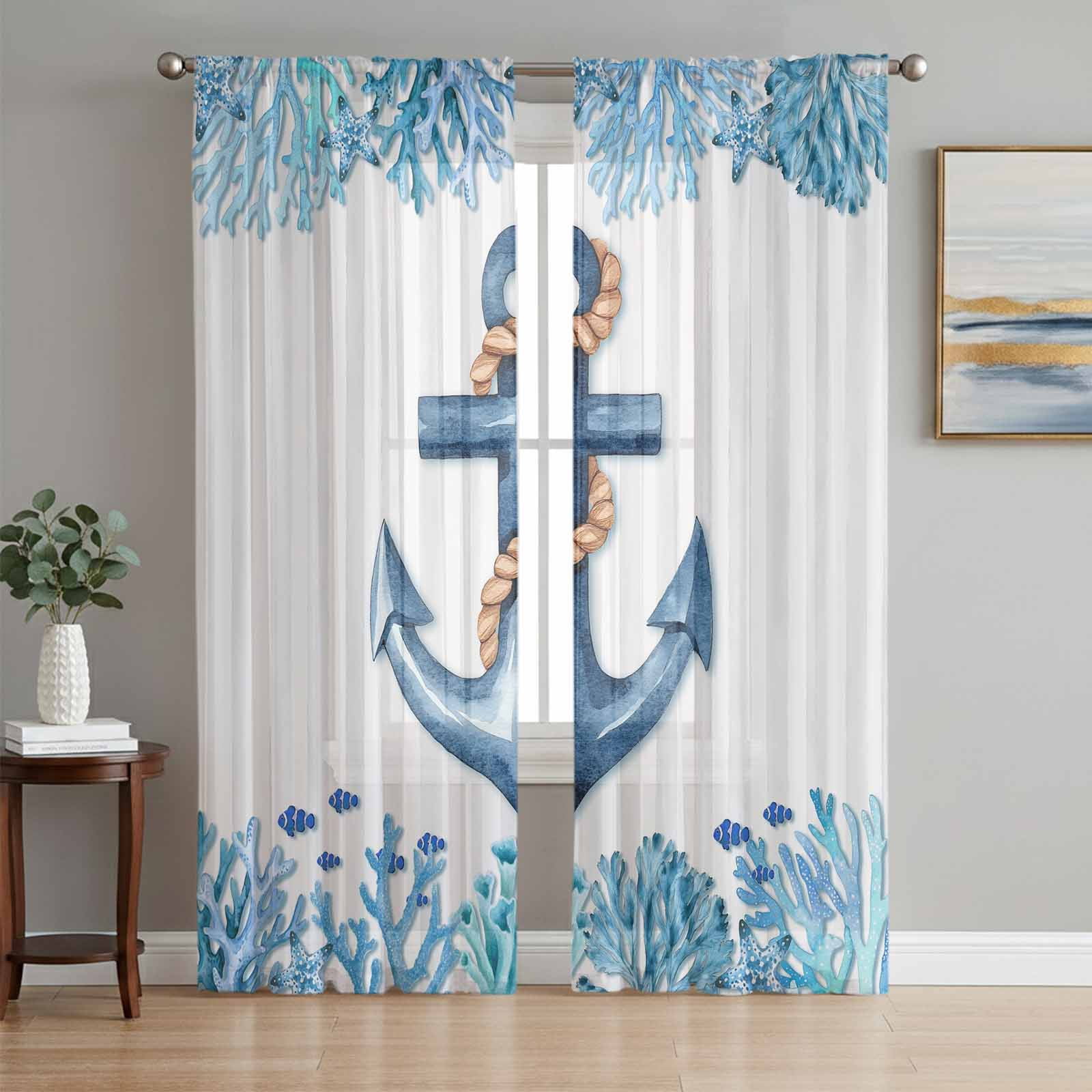 Coastal Anchor Sheer Curtains for Living Room Bedroom Blue Marine Coral ...