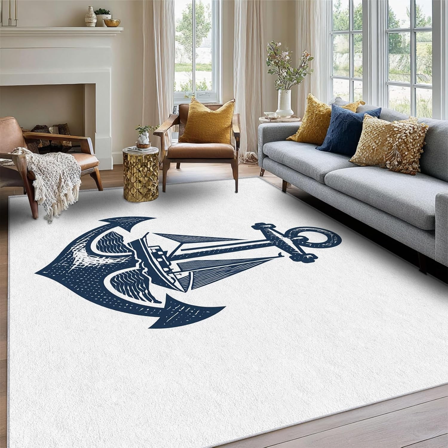 Coastal Anchor Ship Area Rug, Nautical Ocean Pattern Carpet, Washable ...