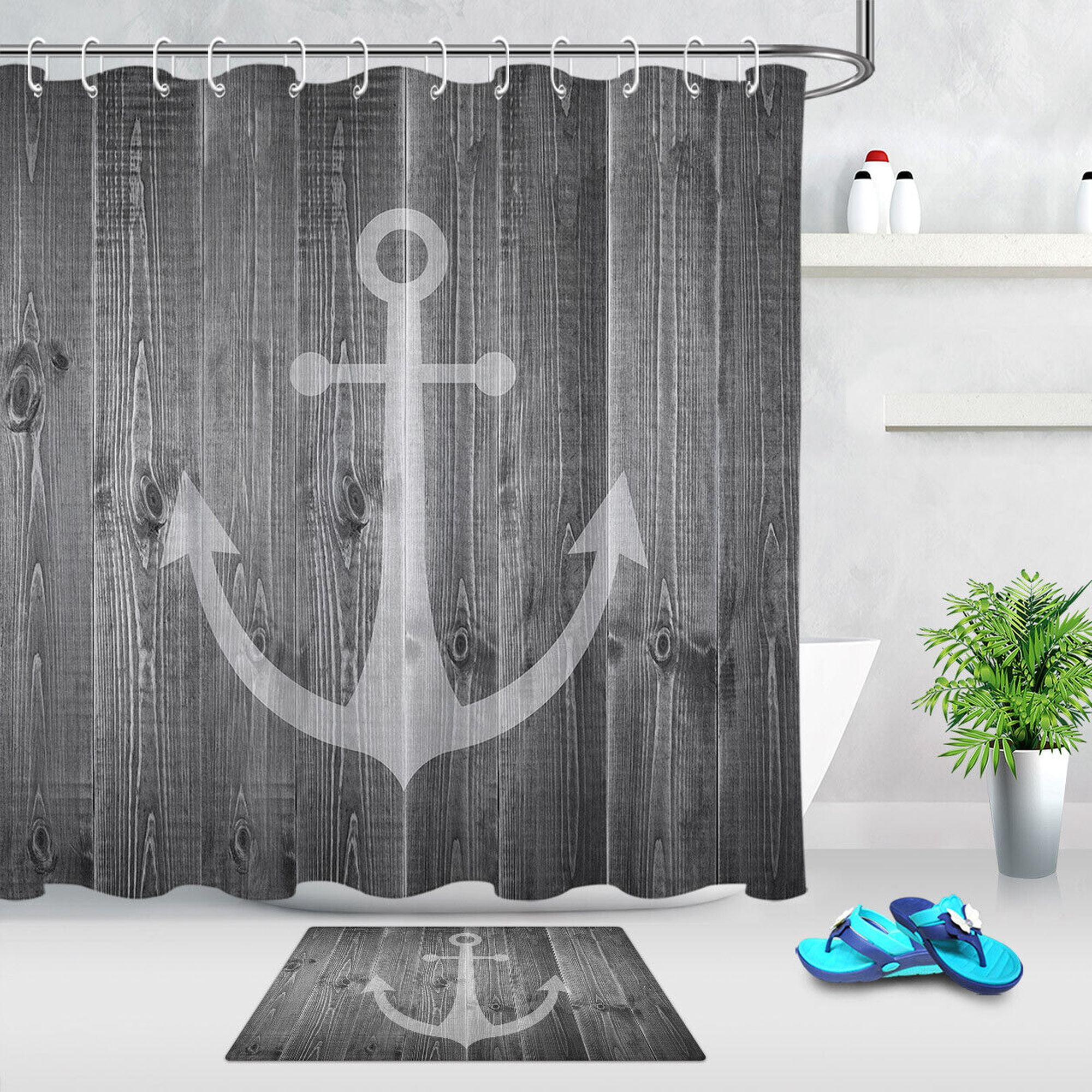 Coastal Anchor Shower Curtain - Beachy Gray Nautical Bathroom Decor ...