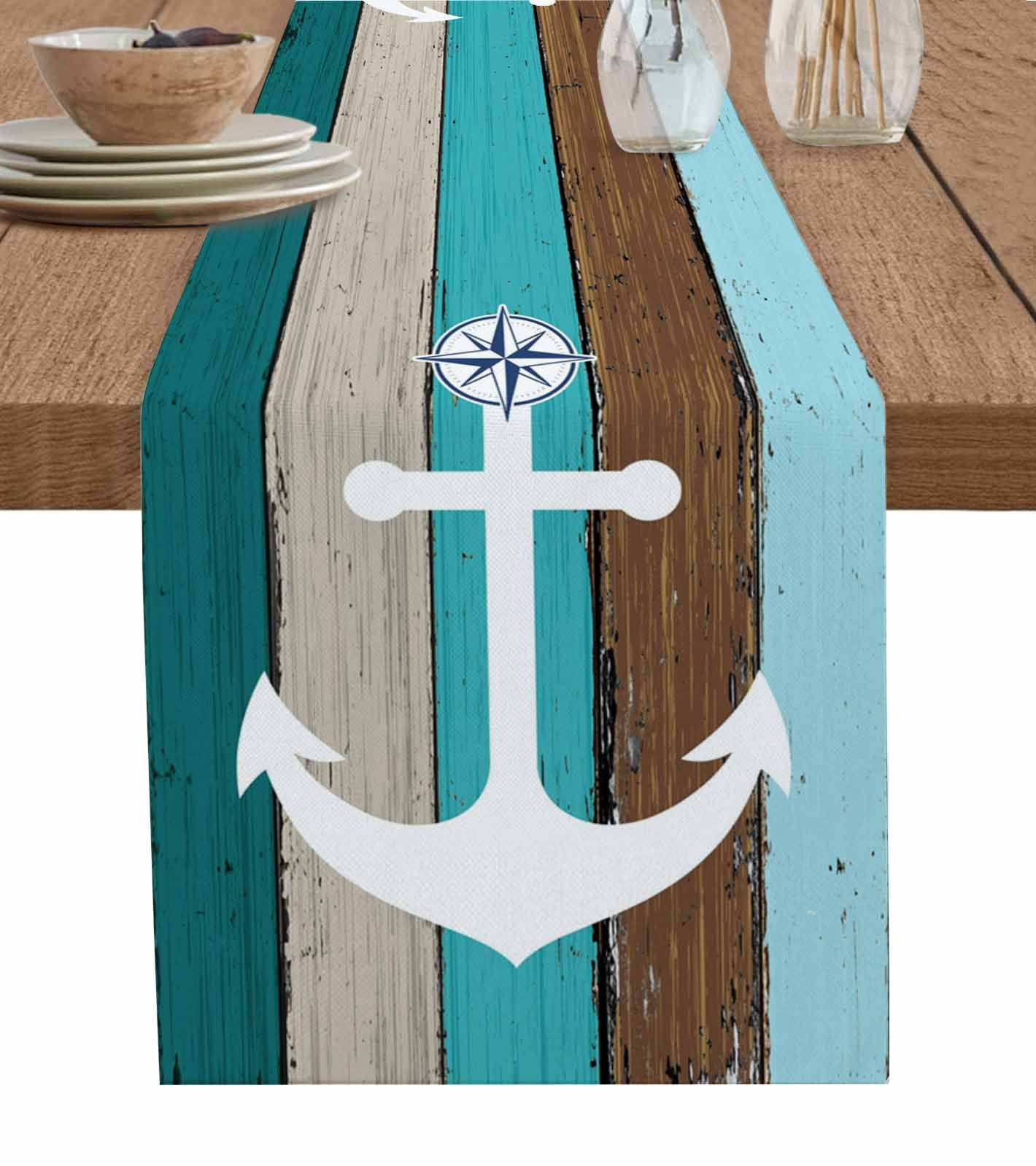 Coastal Anchor Table Runner 72 Inches, Turquoise Brown Ombre Rustic ...